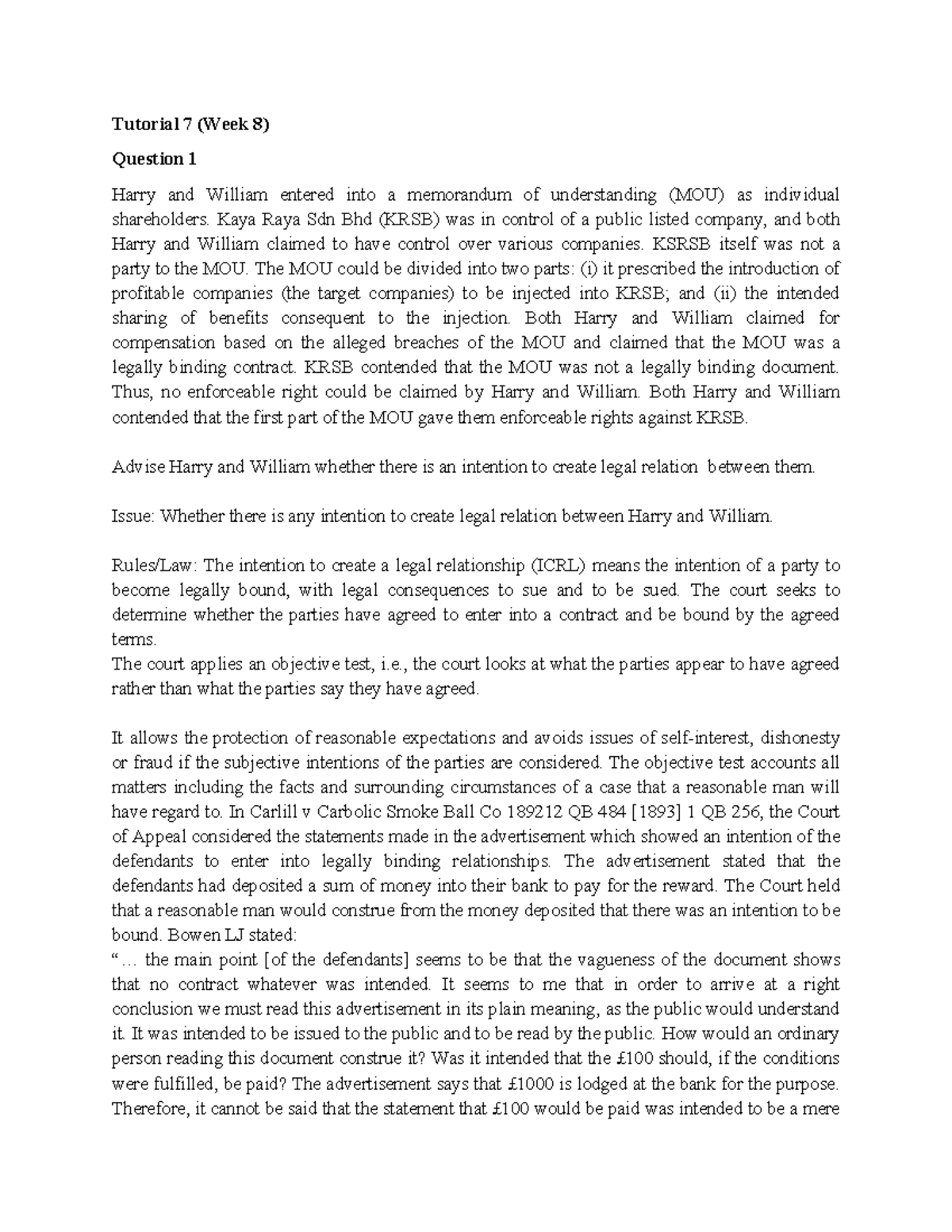 Contracts Law Tutorial 7 (Week 8) - Tutorial 7 (Week 8) Question 1 Harry and William entered ...