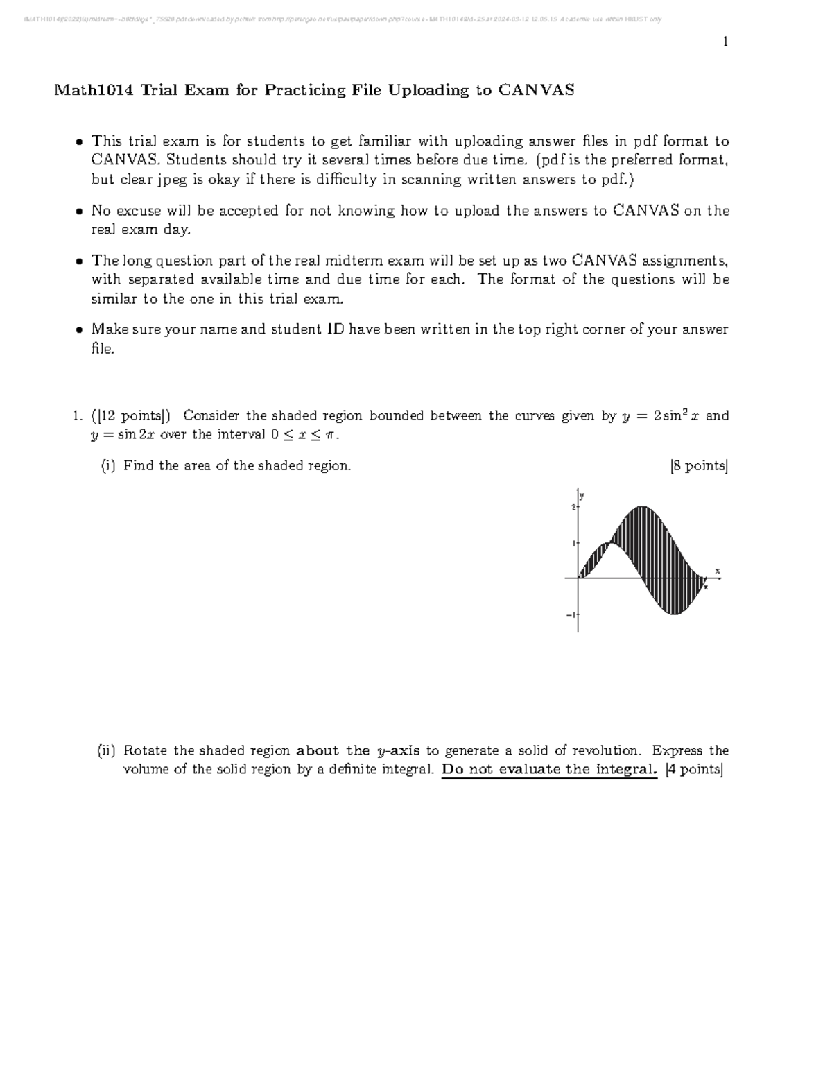 (MATH1014)[2022](s)midterm~=b8bidkgs^ 75528 - 1 Math1014 Trial Exam for Practicing File ...