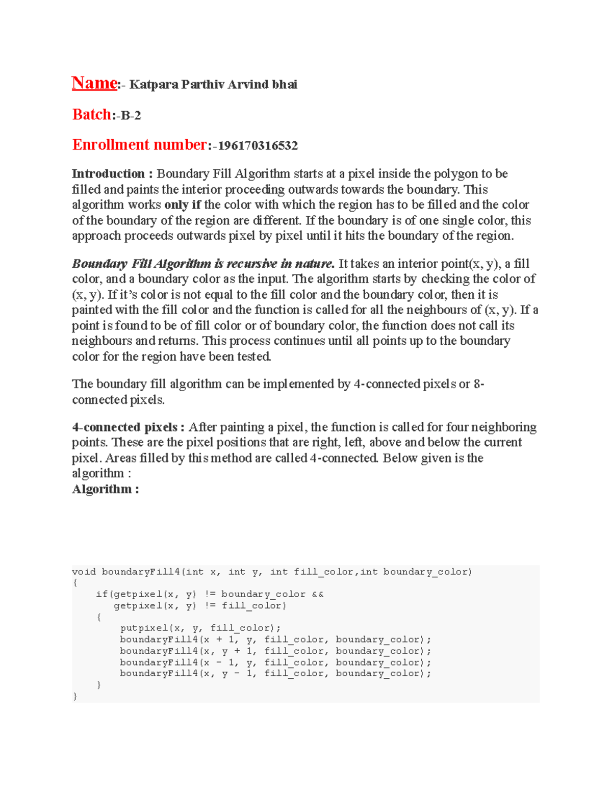 Boundary Fill Algorithmr Name Katpara Parthiv Arvind Bhai Batch B