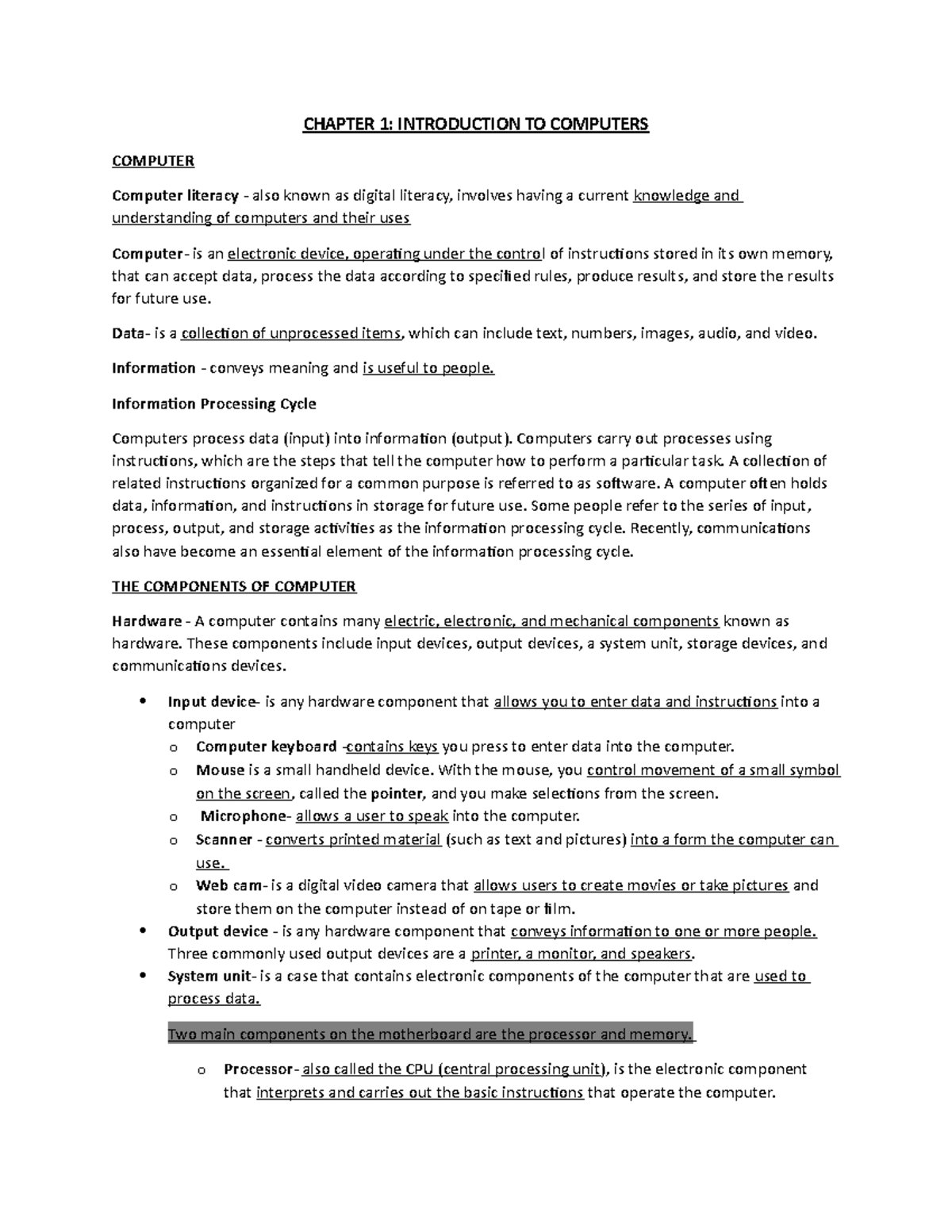 IT Reviewer - CHAPTER 1: INTRODUCTION TO COMPUTERS COMPUTER Computer ...