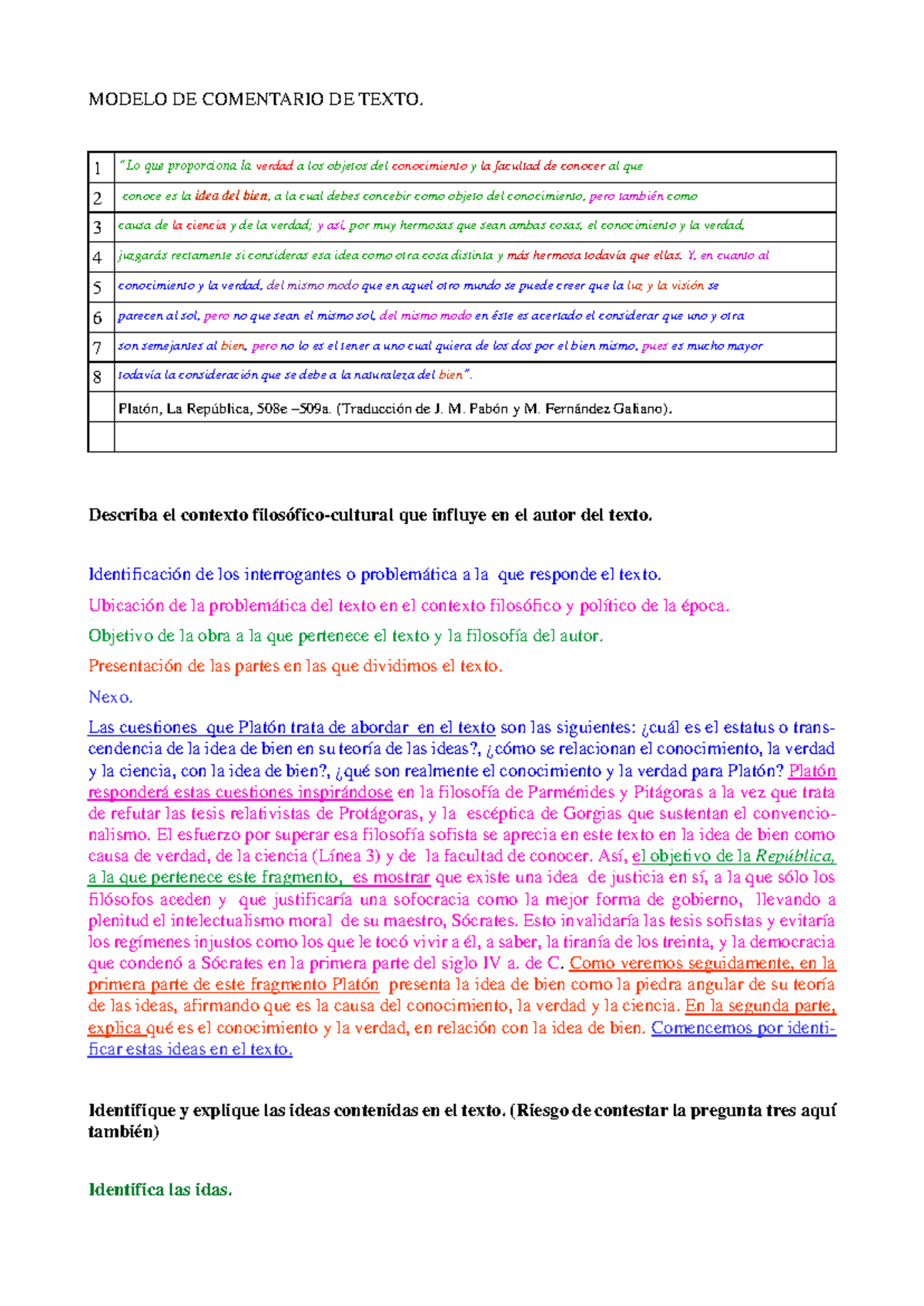 Modelo DE Comentario DE Texto. - MODELO DE COMENTARIO DE TEXTO. 1 “Lo ...