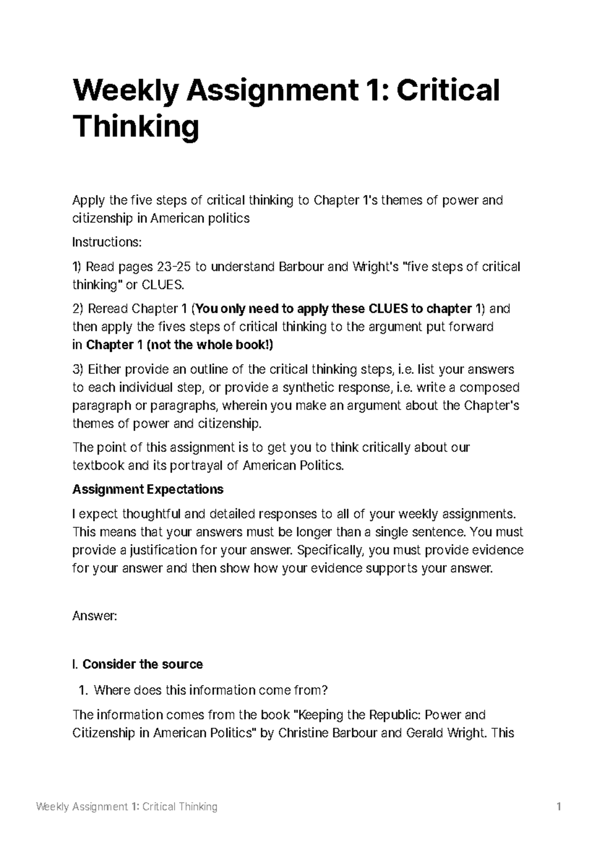 Weekly Assignment 1 Critical Thinking - Weekly Assignment Ԇ Critical ...