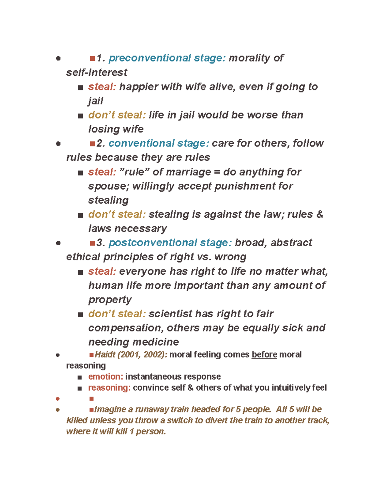 Psychology 10 - lecture notes - 1 stage:morality of self-interest steal ...