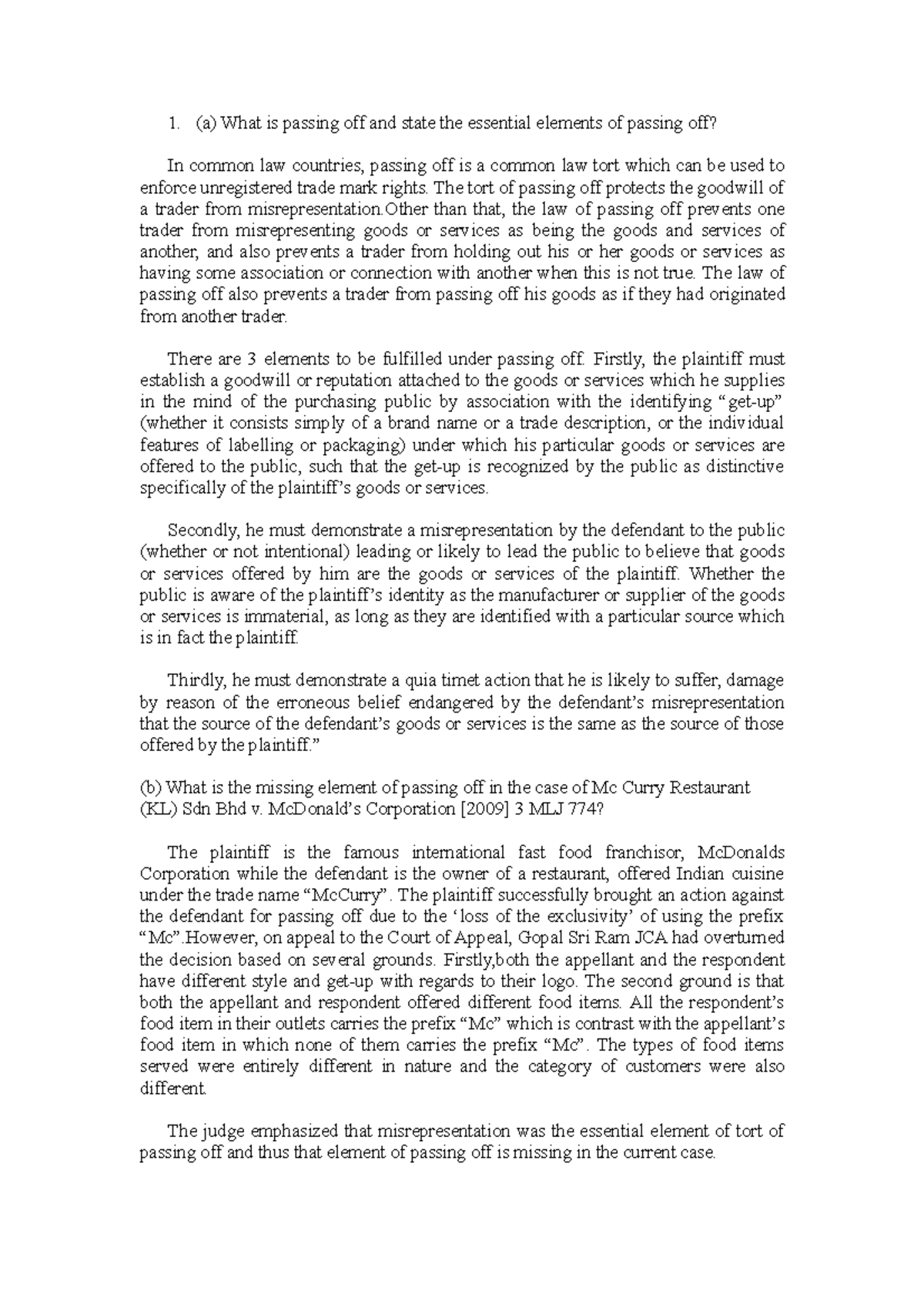 Passing off - Not applicable - (a) What is passing off and state the ...