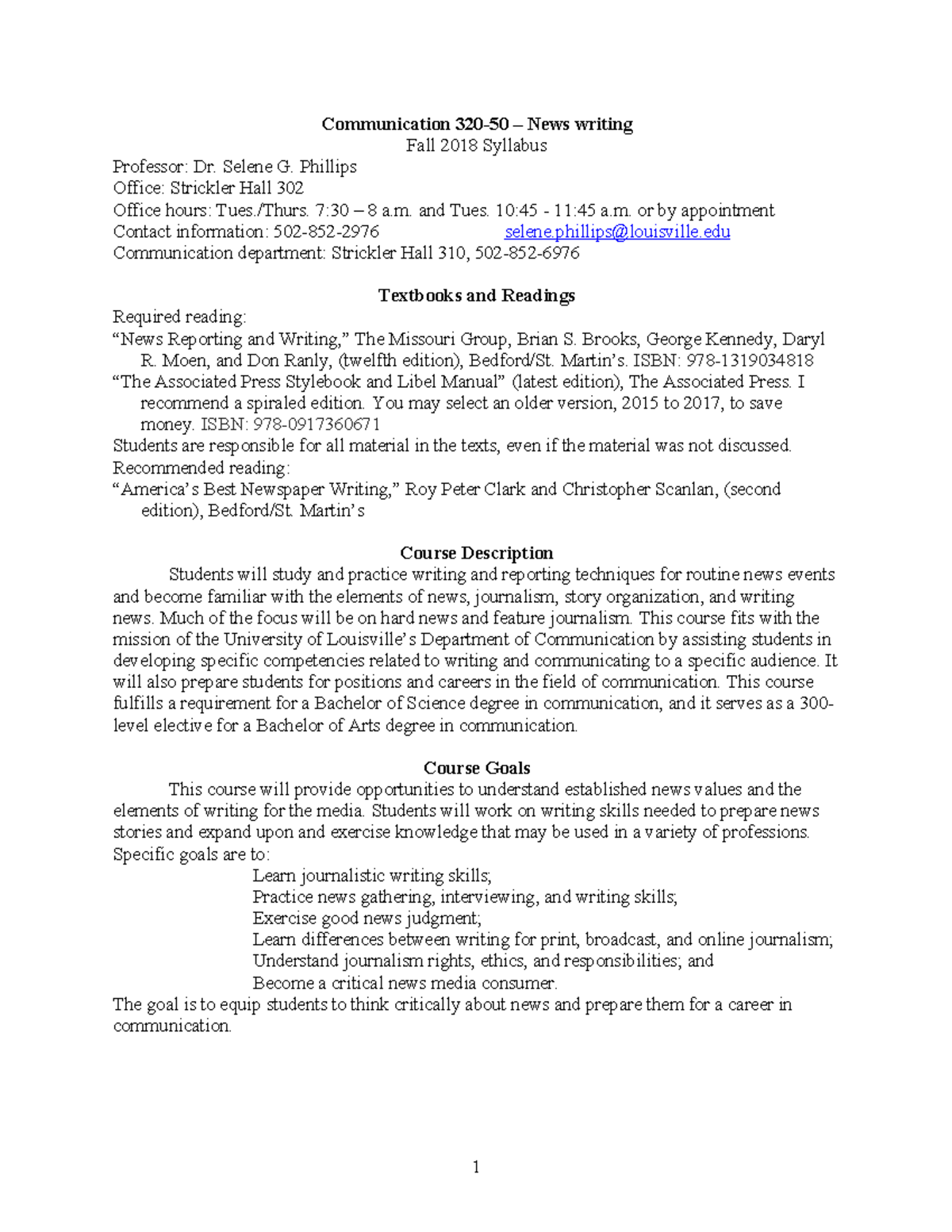 Syllabus - Communication 320-50 – News writing Fall 2018 Syllabus ...