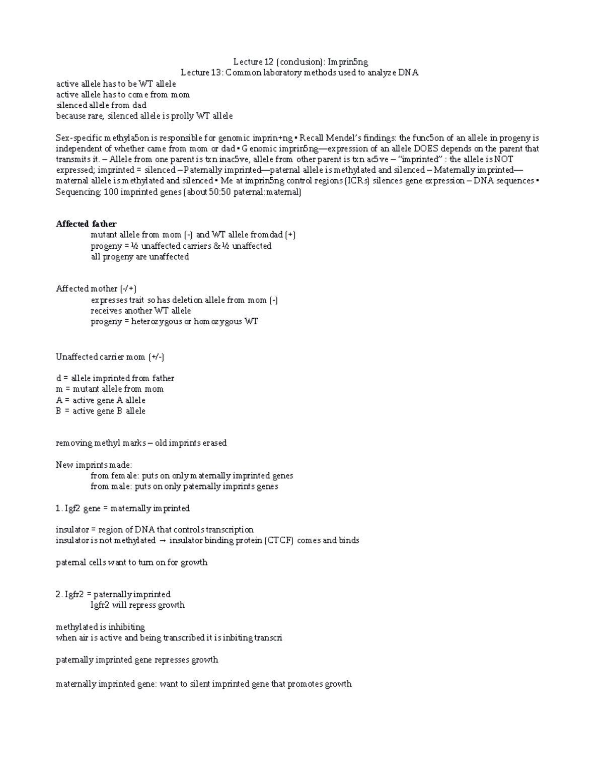 Lecture 13 notes - Mendelian and molecular genetics; mechanisms of ...
