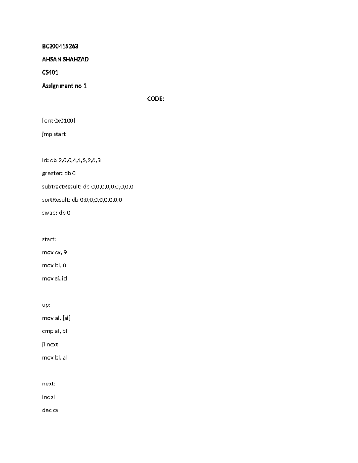 Cs401 Assignment 1 Bc Ahsan Shahzad Cs Assignment No 1 Code [org 0x0100] Jmp Start Id Db