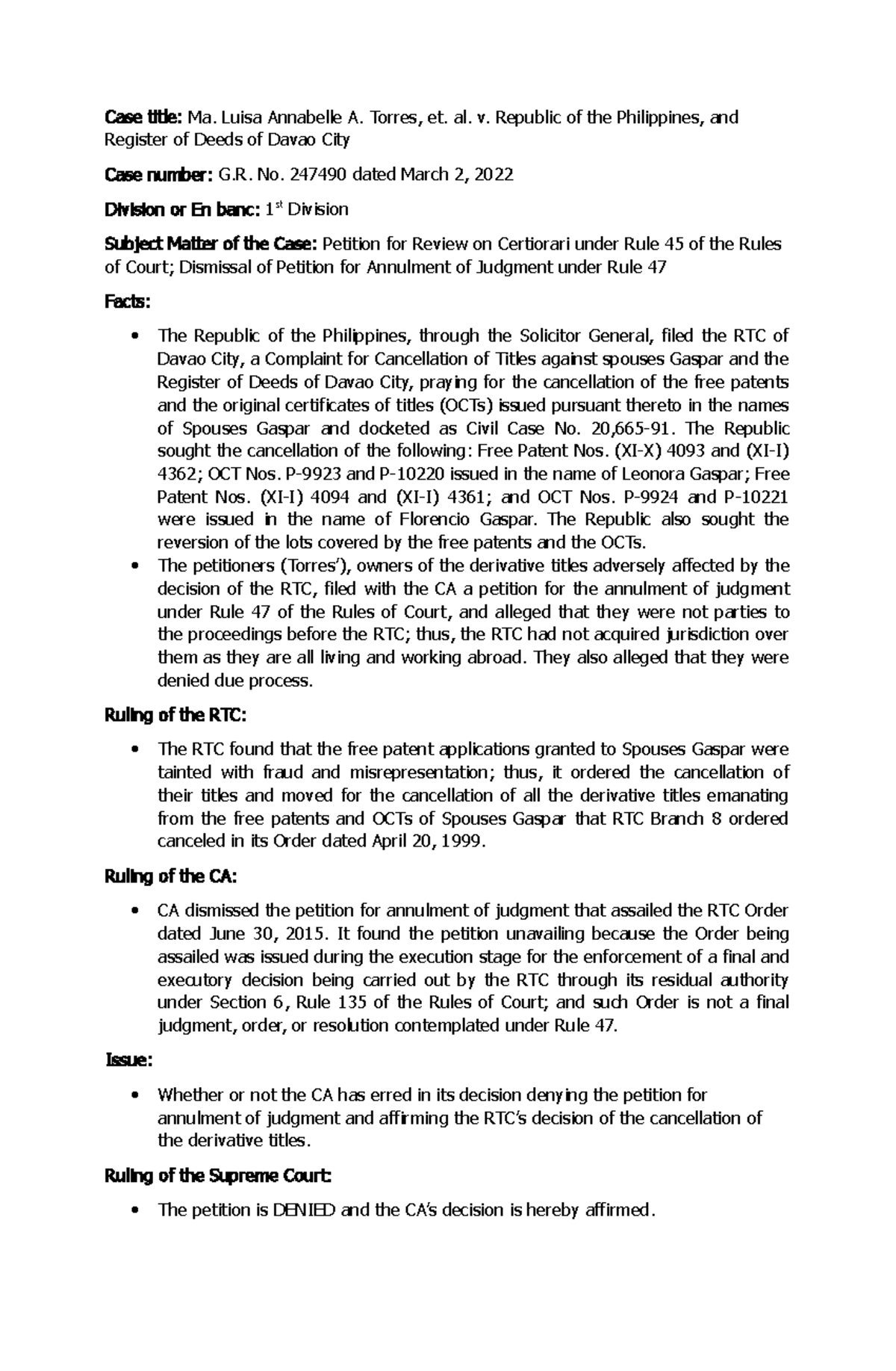 Torres vs Republic of the Philippines - Case title: Ma. Luisa Annabelle ...