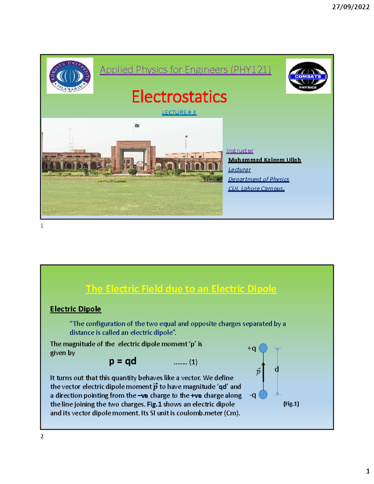 Lec-3 Electrostatics The Electric Dipole - Electrostatics LECTURE # 3 ...