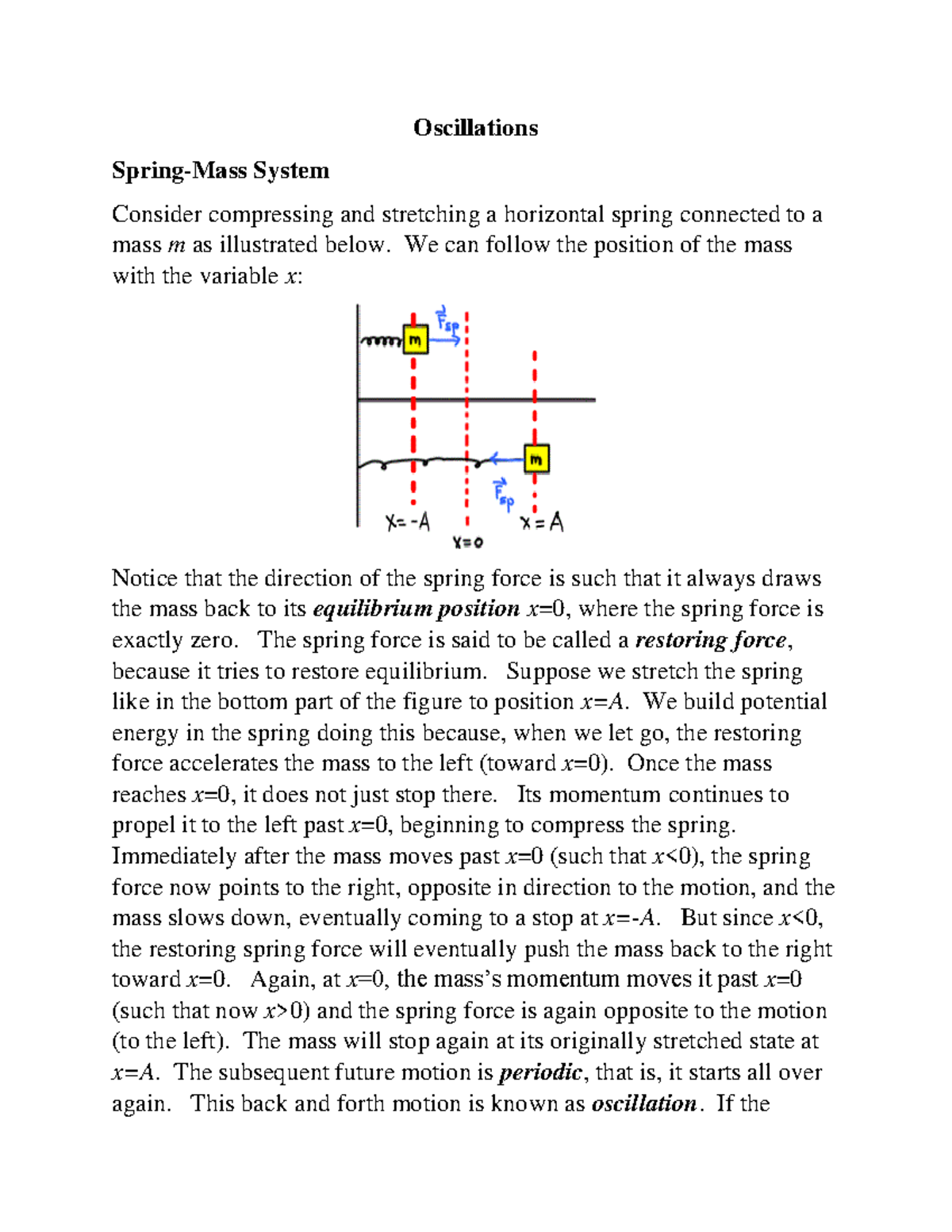 Ch. 16 Oscillations - Oscillations Spring-Mass System Consider ...