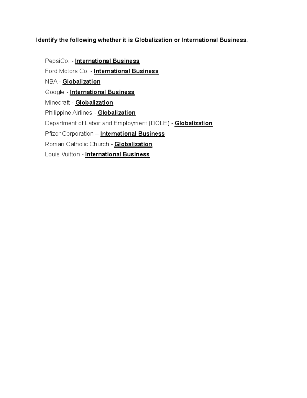 Identify the following whether it is Globalization or International ...