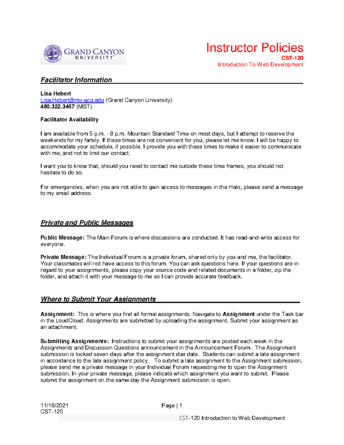 Instructor Policies CST-120 - 11/16/2021 Page | 1 CST- Instructor Policies CST- Introduction To ...