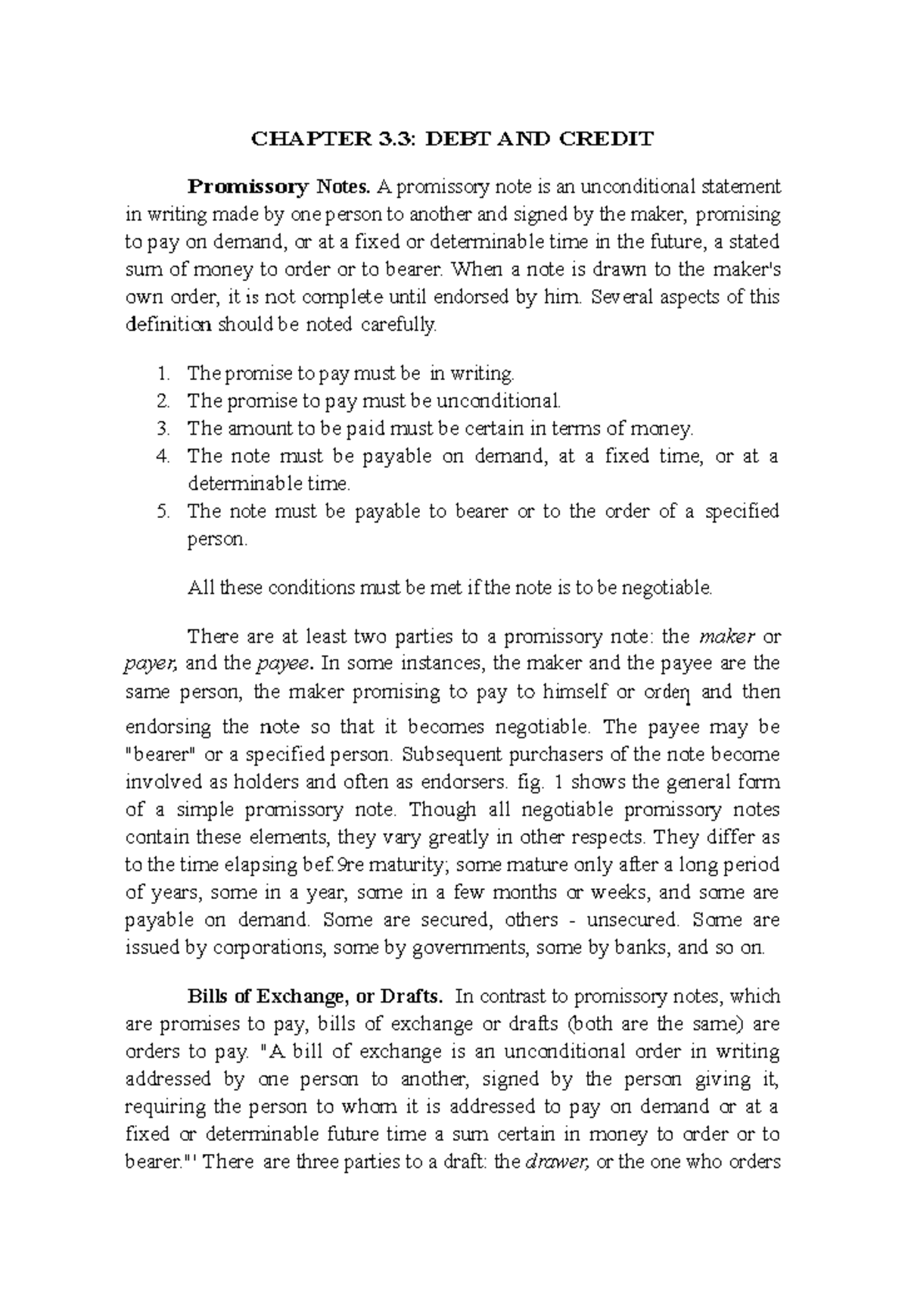 CHAPTER 3 DEBT AND CREDIT: Promissory Notes and Bill of Exchange/Drafts ...