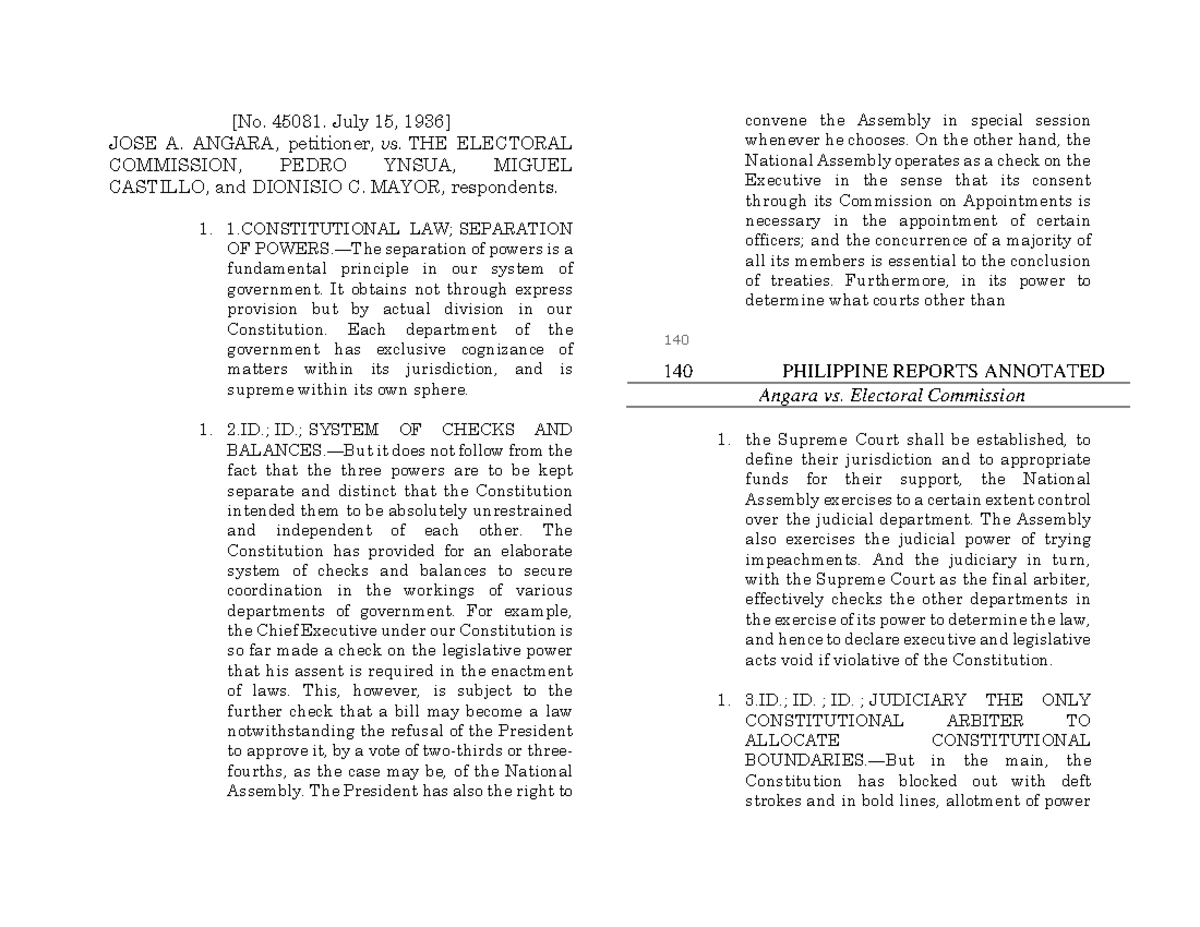 Angara VS Electoral Commission - [No. 45081. July 15, 1936] JOSE A ...