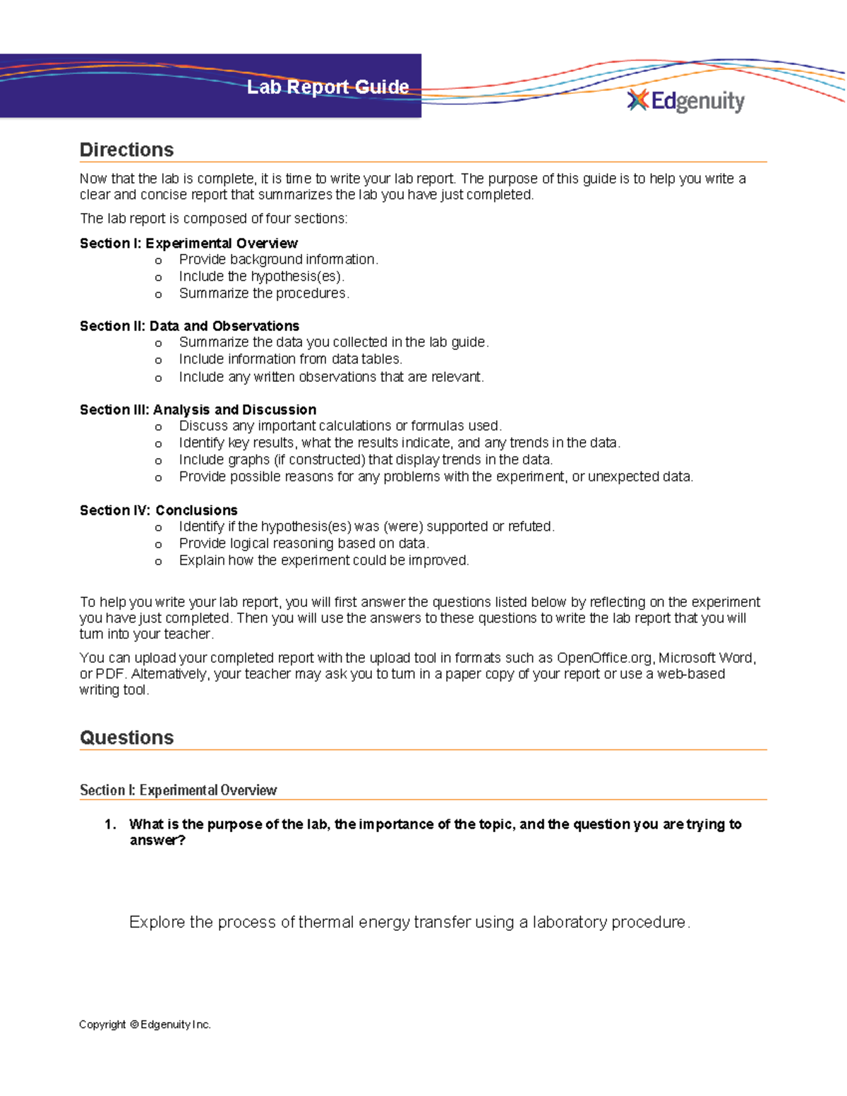 Lab Report Guide - idk - Directions Now that the lab is complete, it is ...