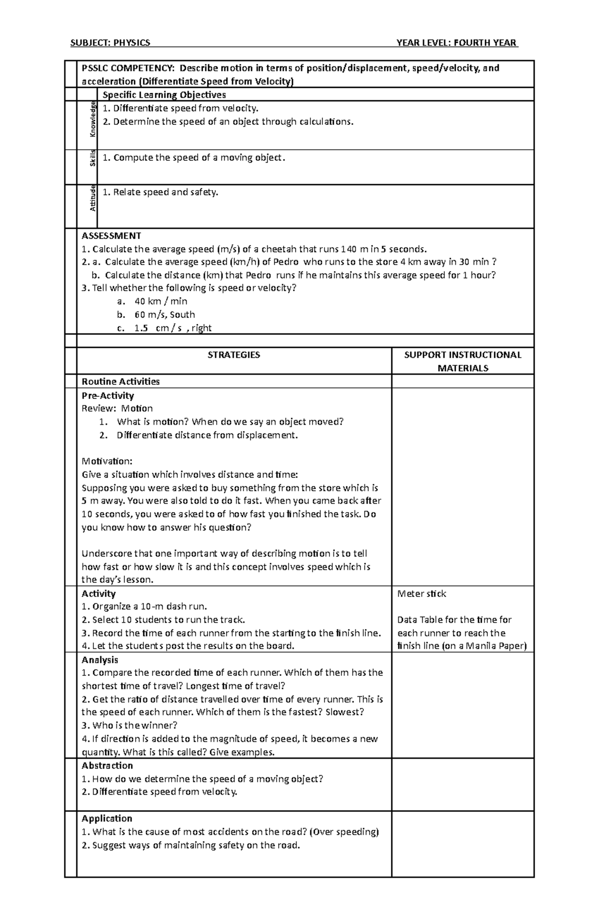 LP2 Speed Calculation - Lesson Plan - SUBJECT: PHYSICS YEAR LEVEL ...
