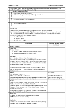 LP1 Motion - Lesson Plan - SUBJECT: PHYSICS YEAR LEVEL: FOURTH YEAR ...