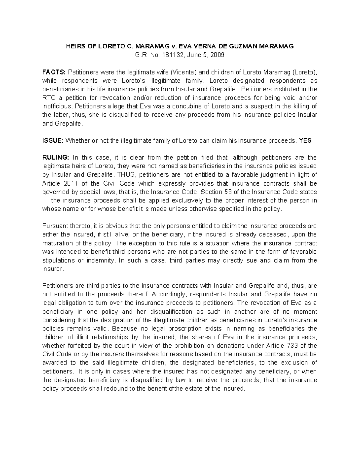 Heirs OF Loreto C. Maramag v. EVA Verna DE Guzman Maramag - HEIRS OF ...