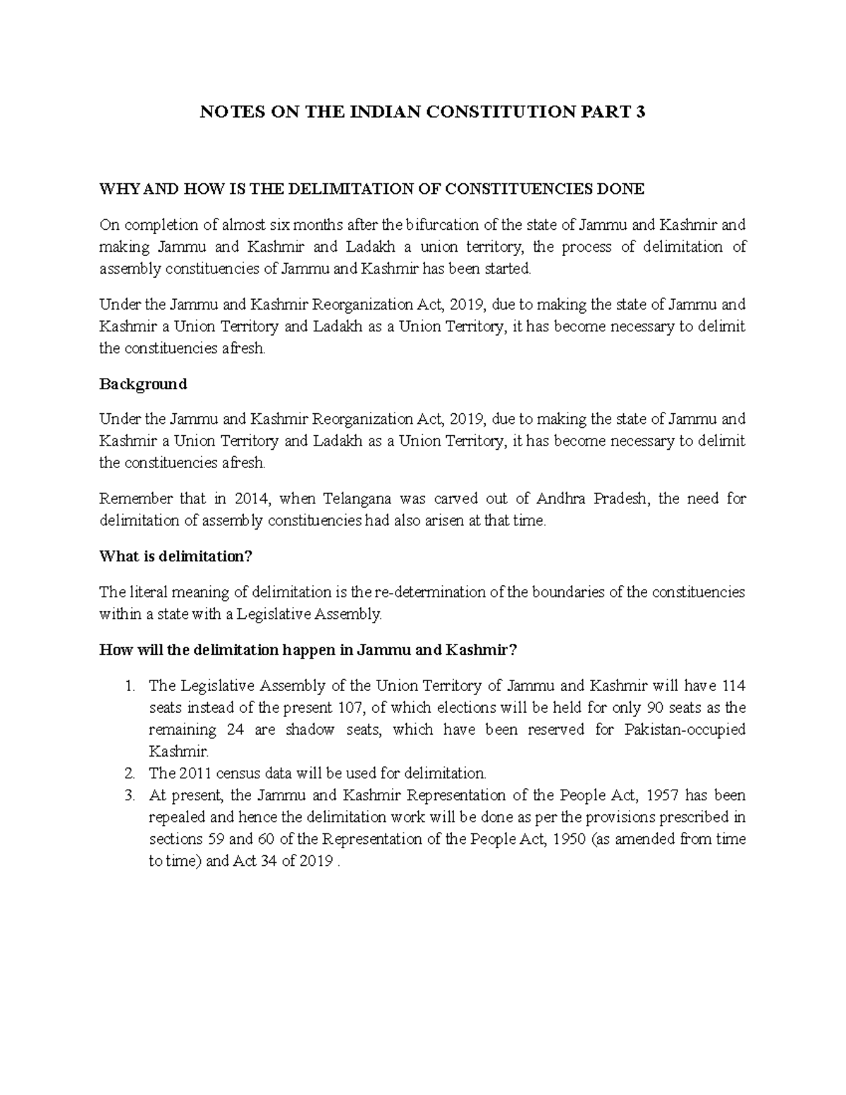 Notes ON THE Indian Constitution PART 3 - NOTES ON THE INDIAN ...