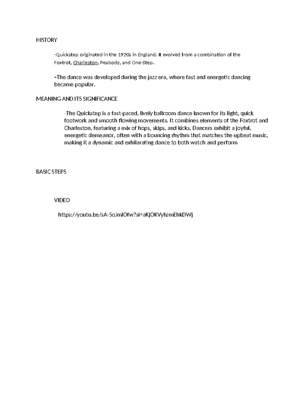 Quickstep - Summary BS Accountancy 3 - HISTORY - Quickstep originated in the 1920s in England ...