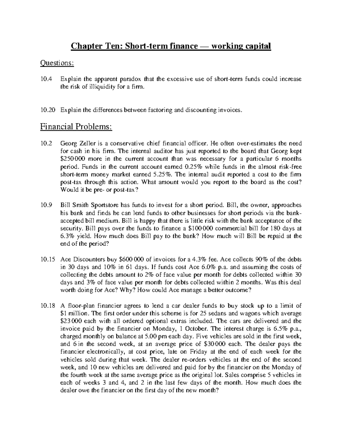 Tute Ques - Ch 10 AF208 - Questions - Chapter Ten: Short-term finance ...