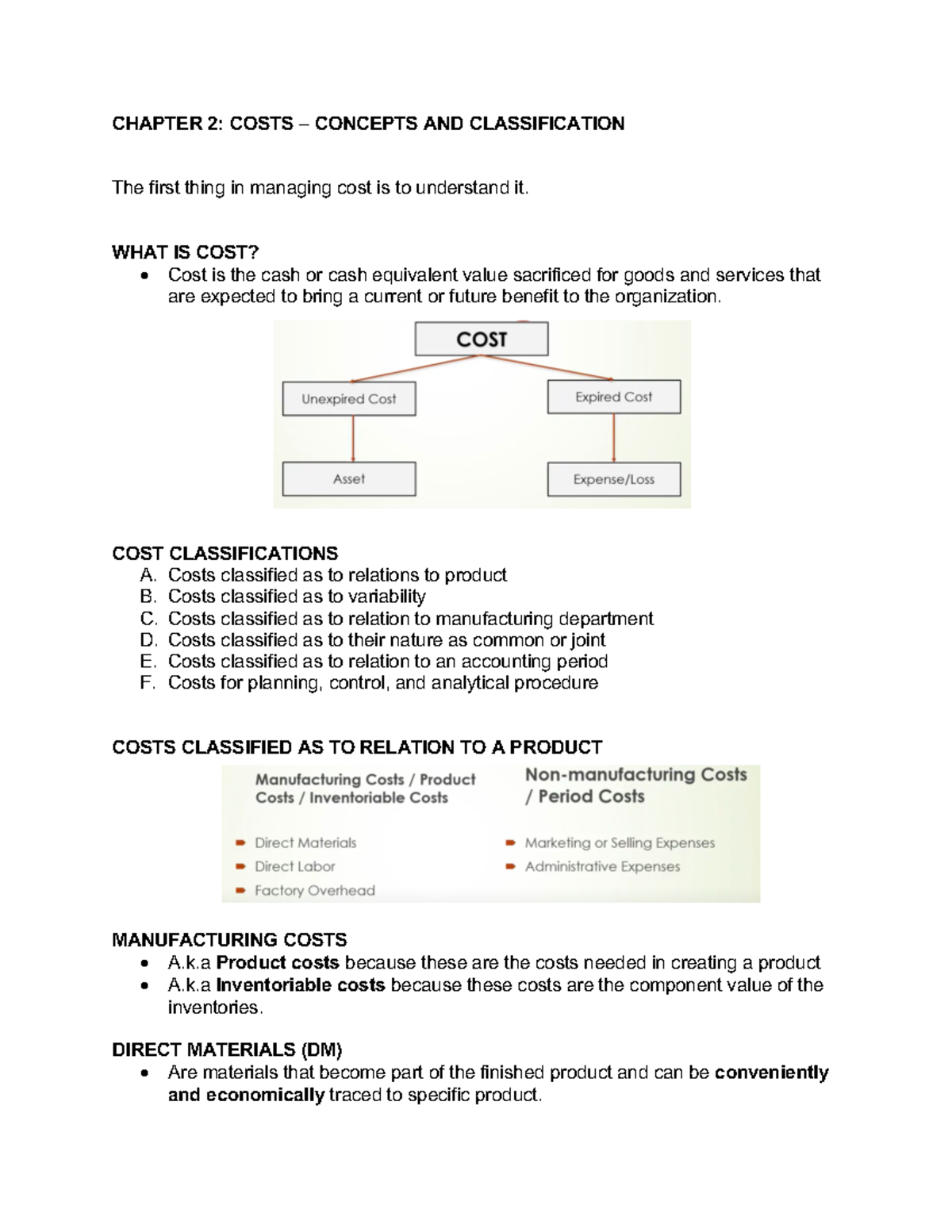 MAC1 Chapter 2 (de leon) - CHAPTER 2: COSTS – CONCEPTS AND CLASSIFICATION The first thing in ...