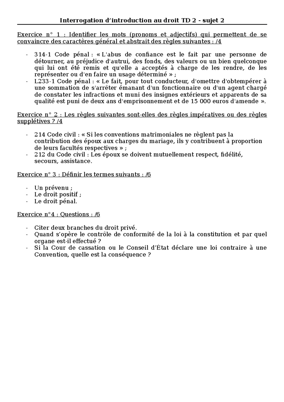 Interrogation groupe 2 sujet 2 - Interrogation d’introduction au droit TD 2 - sujet 2 Exercice n ...