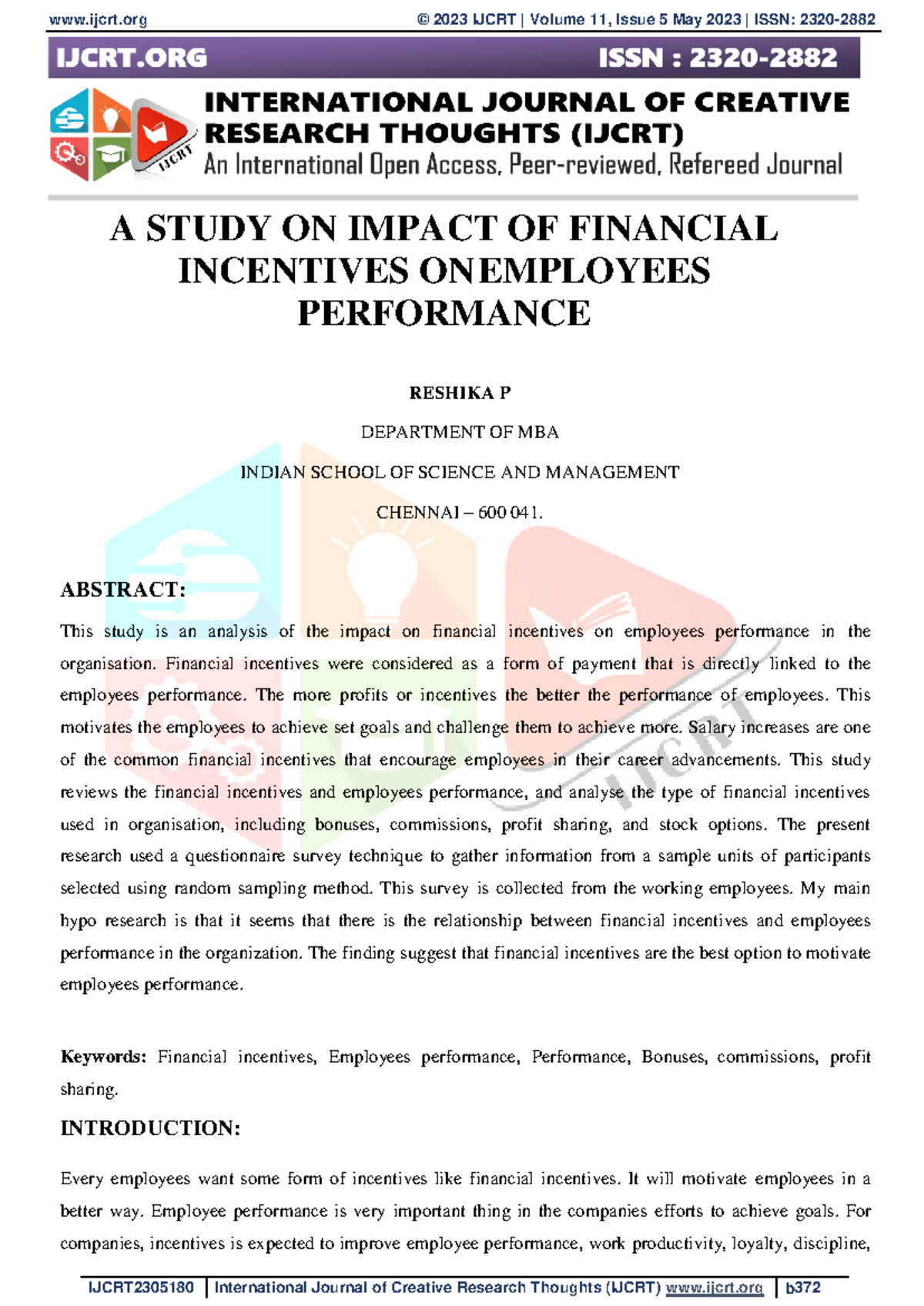 A Study on Impact of Financial Incentives on Employees Performance - A ...