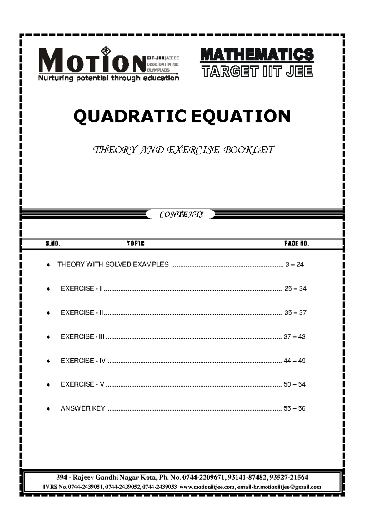 Theory & Exercise - QUADRATIC EQUATION THEORY AND EXERCISE BOOKLET S.NO.S.NO.S.NO.S. - Studocu