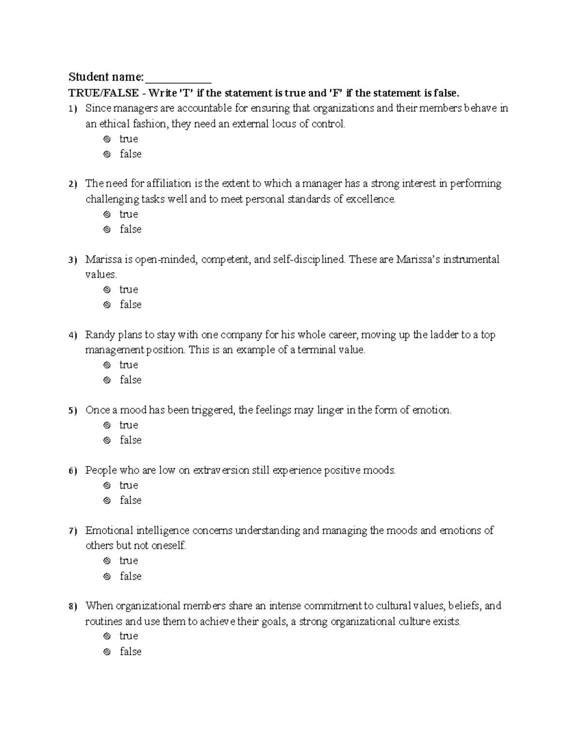 Chapter-2 - Trắc nghiệm và tự luận - Student name:__________ TRUE/FALSE - Write 'T' if the ...