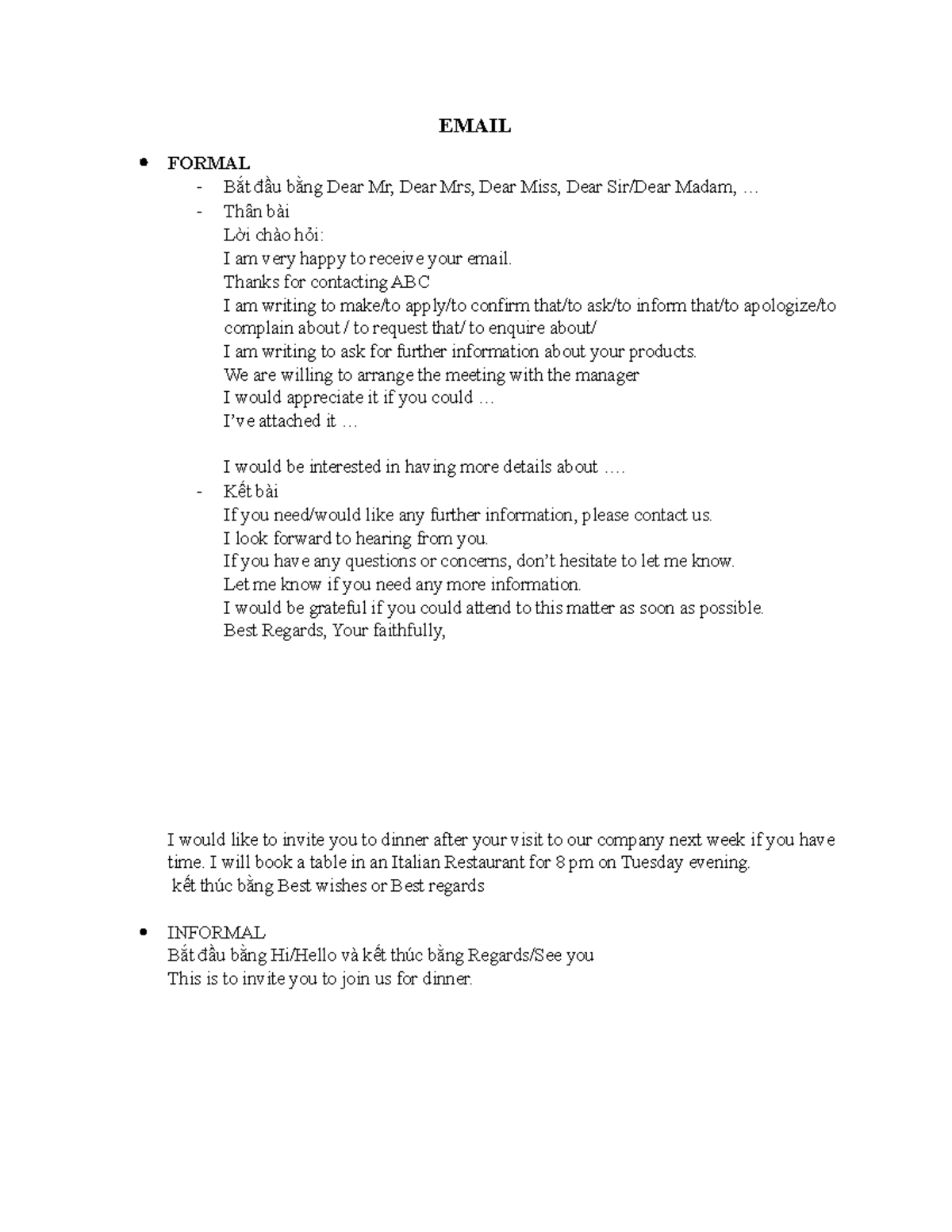 Email VD - EMAIL FORMAL - Bắt đầu bằng Dear Mr, Dear Mrs, Dear Miss ...