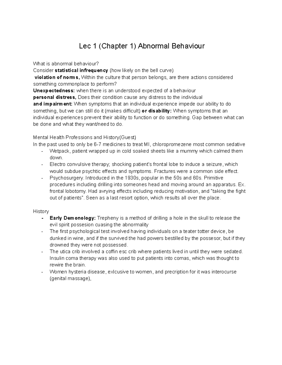 Clinical Psychology Notes PSYB32 - Lec 1 (Chapter 1) Abnormal Behaviour ...