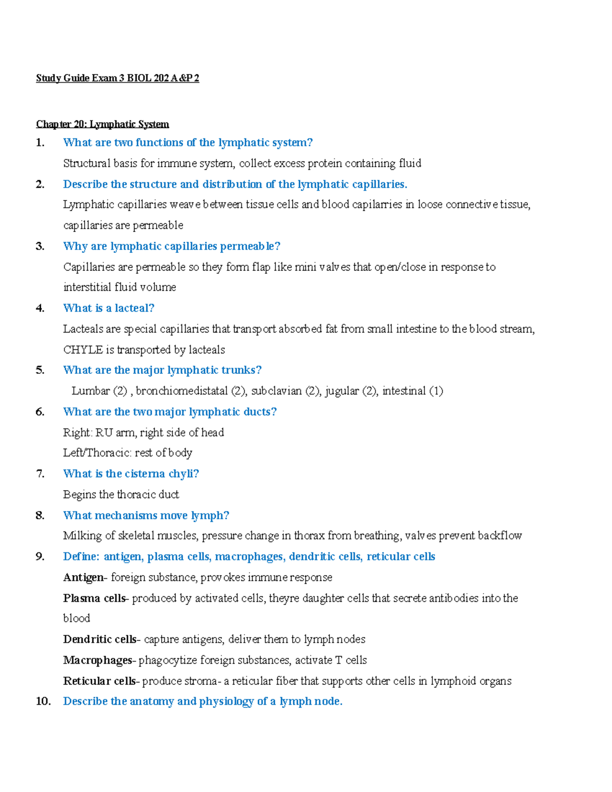 Review for Immune, Resp, and Lymphatic systems - Study Guide Exam 3 ...
