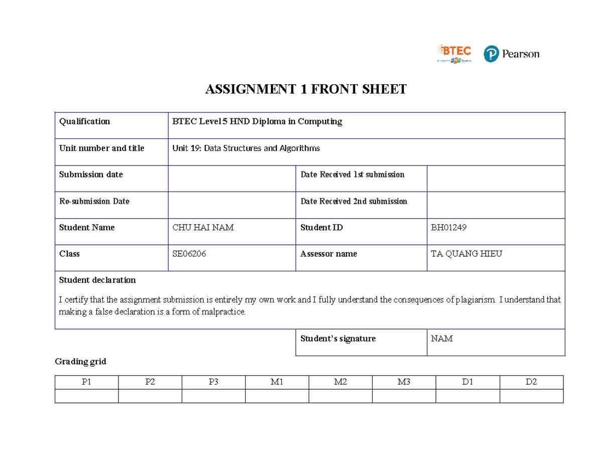 Unit 19 Assignment 1 frontsheet - ASSIGNMENT 1 FRONT SHEET Qualification BTEC Level 5 HND ...