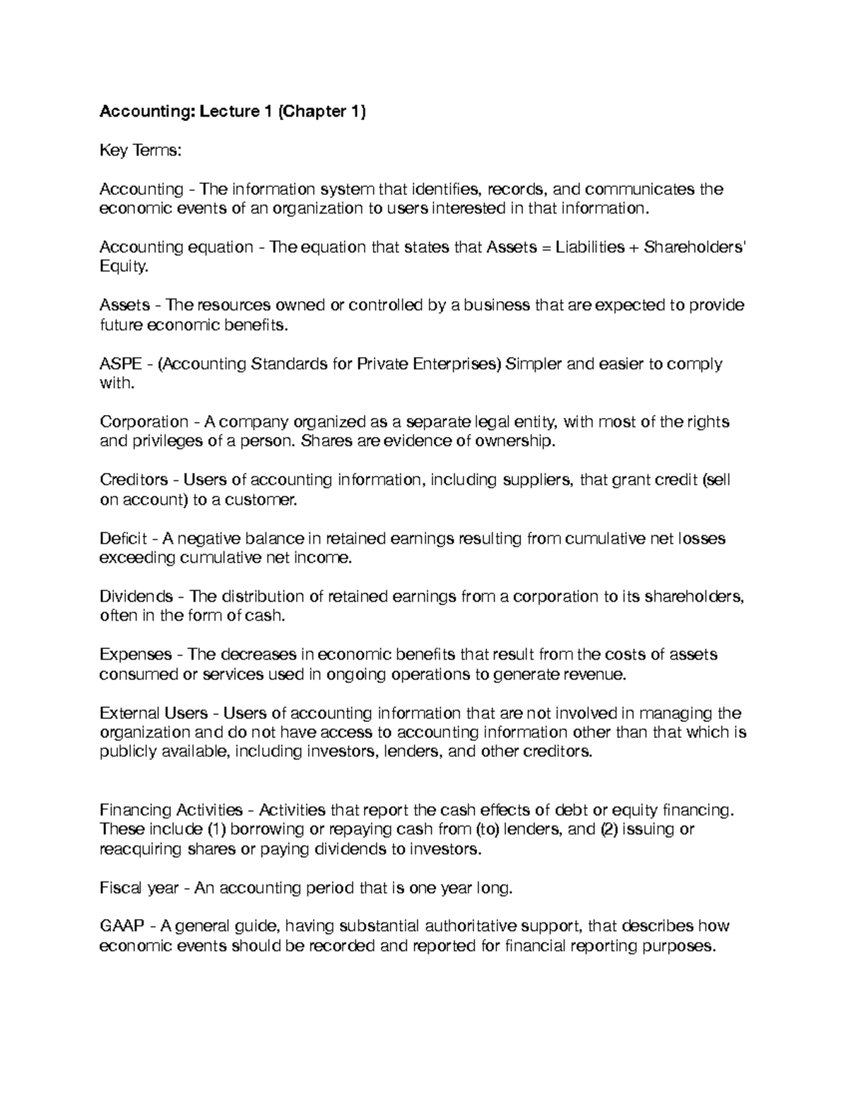 Accounting Chapter 1 Notes - Accounting: Lecture 1 (Chapter 1) Key ...