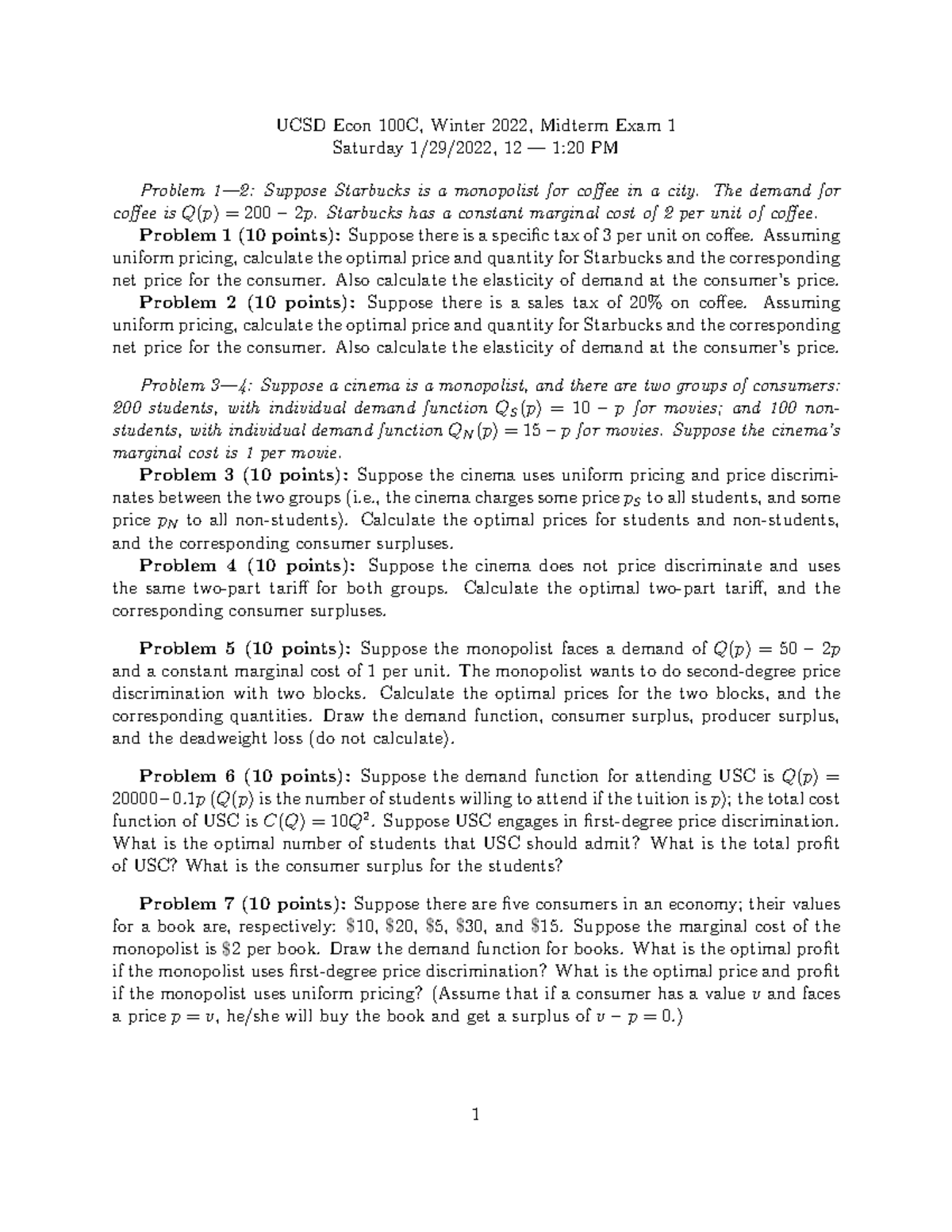 Midterm 1 Winter 2022 - UCSD Econ 100C, Winter 2022, Midterm Exam 1 ...