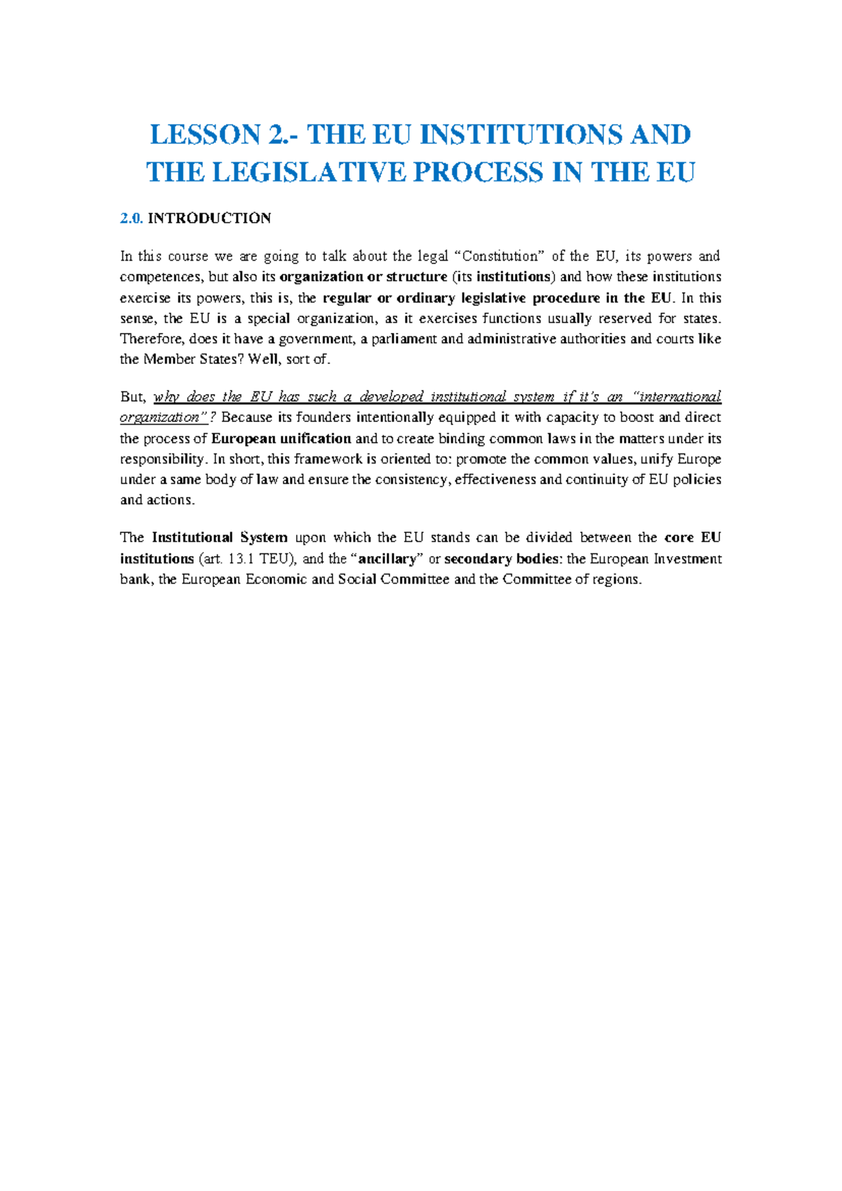 Lesson 2 - Institutions - LESSON 2.- THE EU INSTITUTIONS AND THE ...