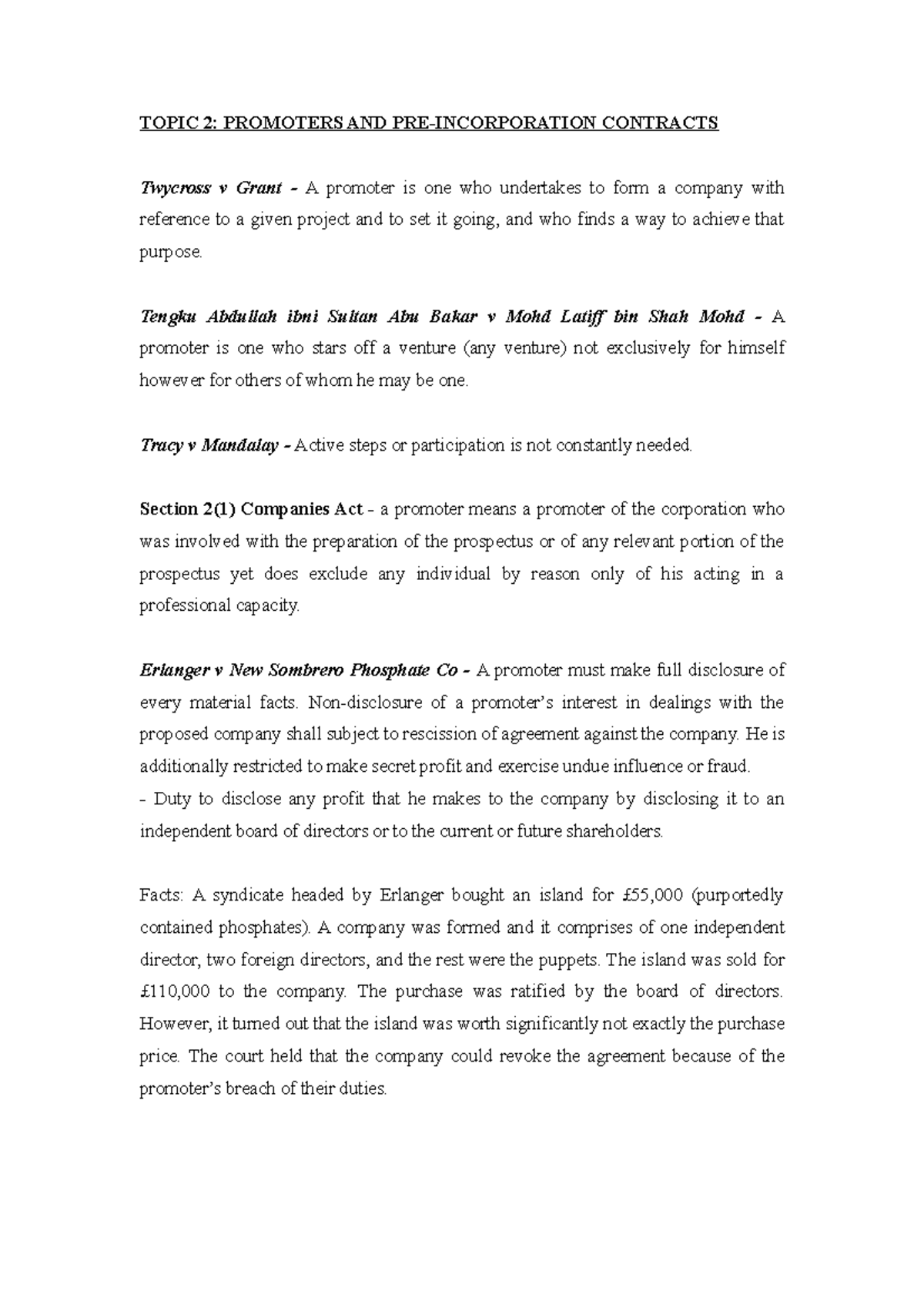 Notes Chapter 2 - TOPIC 2: PROMOTERS AND PRE-INCORPORATION CONTRACTS ...