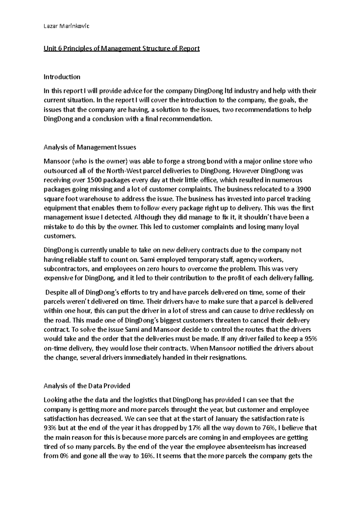 Unit 6 Principles of Management Structure of Report - Lazar Marinkovic ...