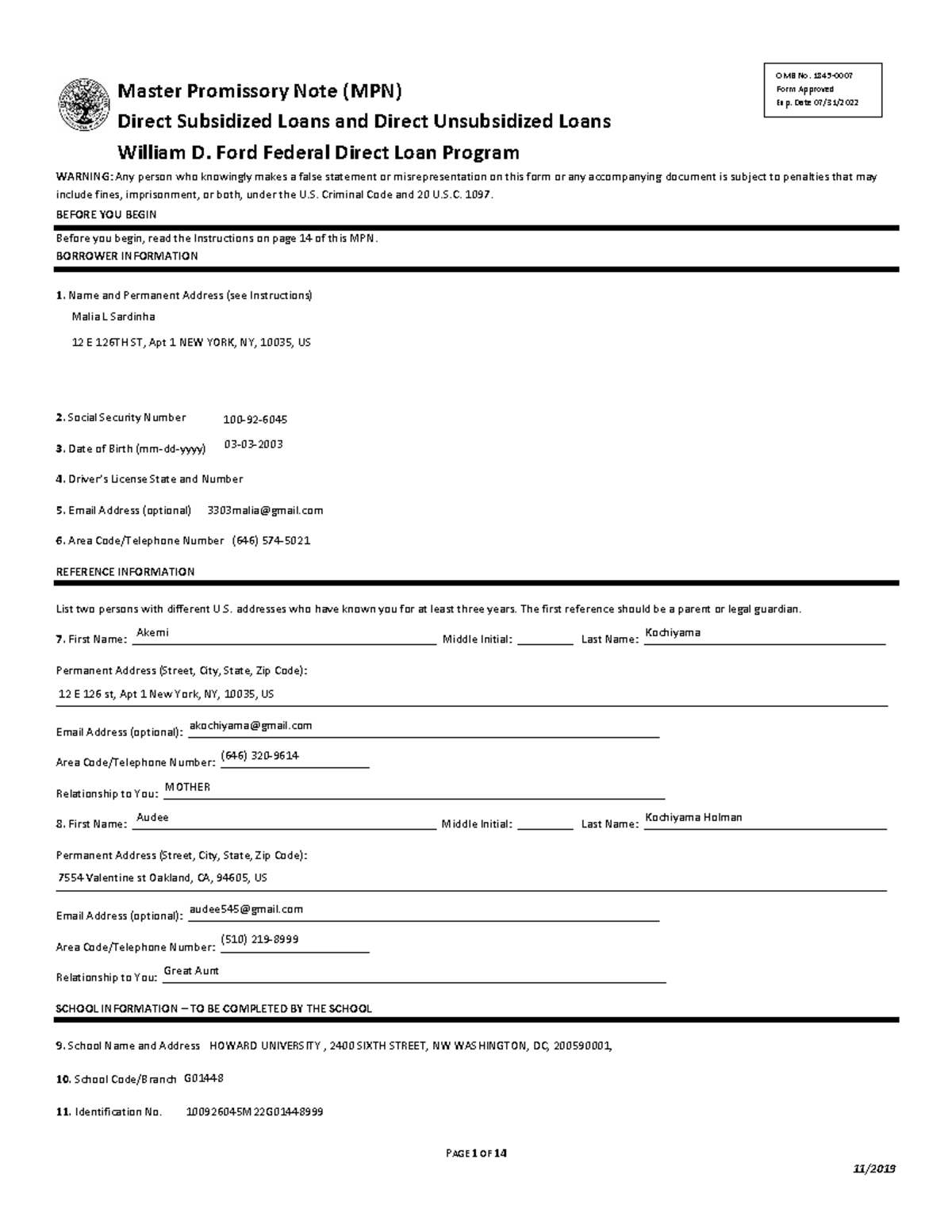 FSA MPN Howard University - PAGE 1 OF 14 Master Promissory Note (MPN ...