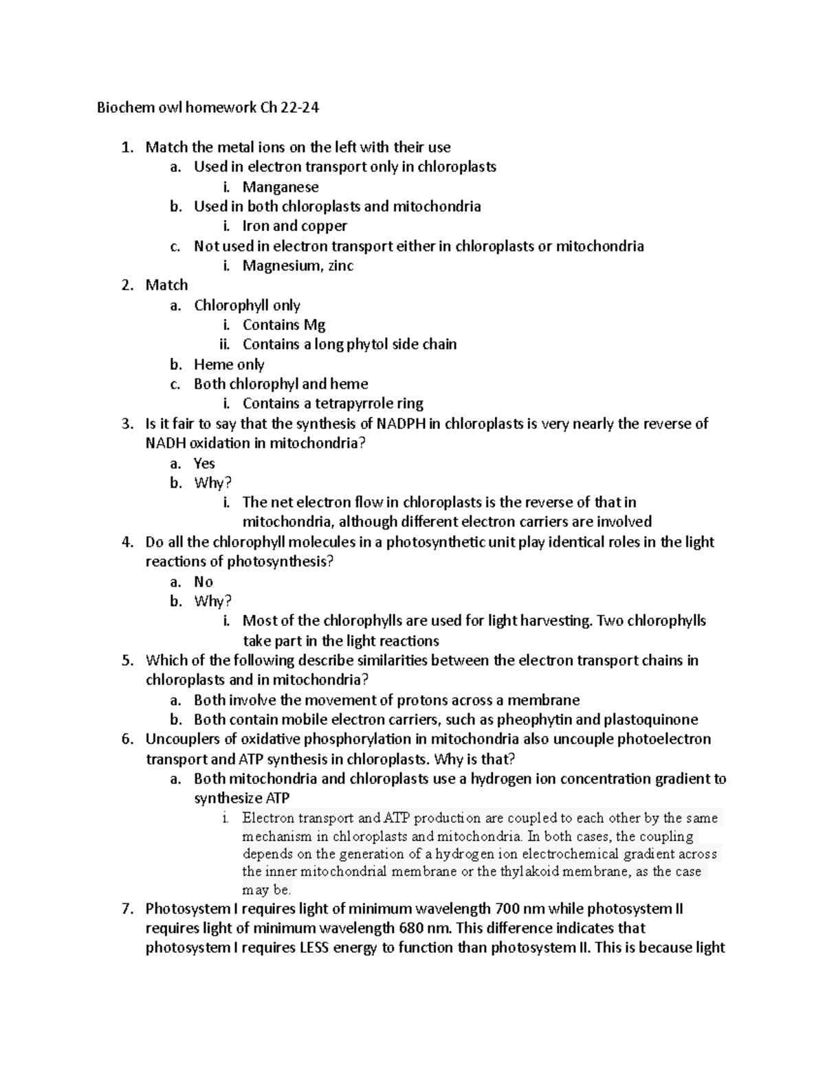 Biochem owl homework Ch 22-24 - Biochem owl homework Ch 22- Match the ...