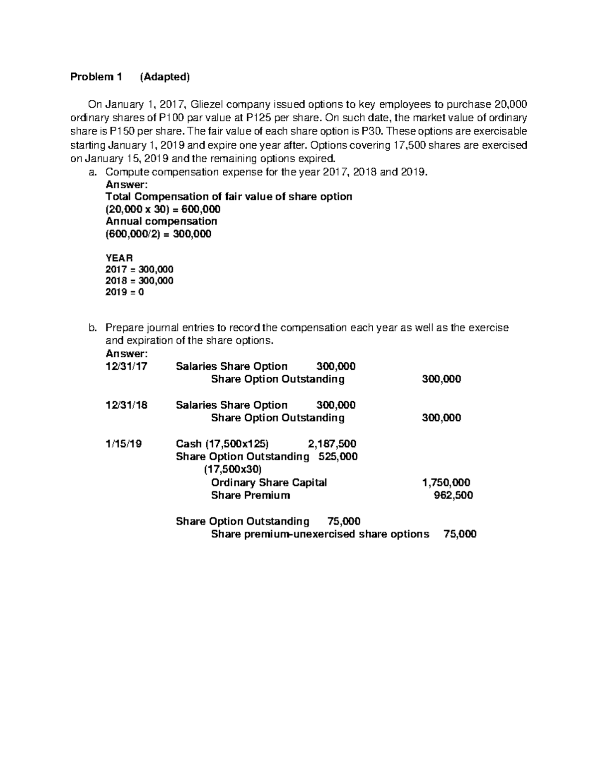 Share-based compensation solving - Problem 1 (Adapted) On January 1 ...