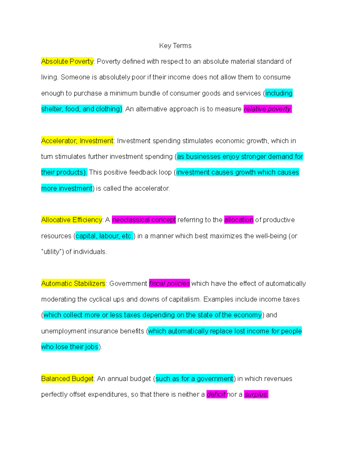 Economics Key Terms - Key Terms Absolute Poverty: Poverty defined with ...