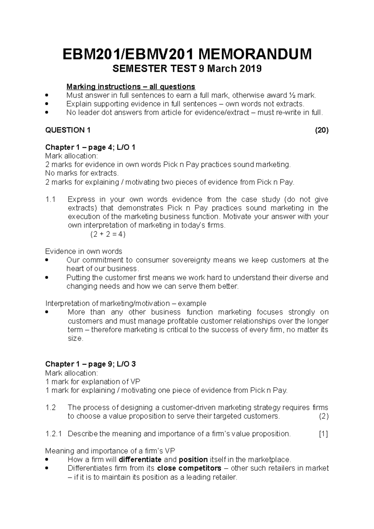 EBM201 memo - EBM201/EBMV201 MEMORANDUM SEMESTER TEST 9 March 2019 ...
