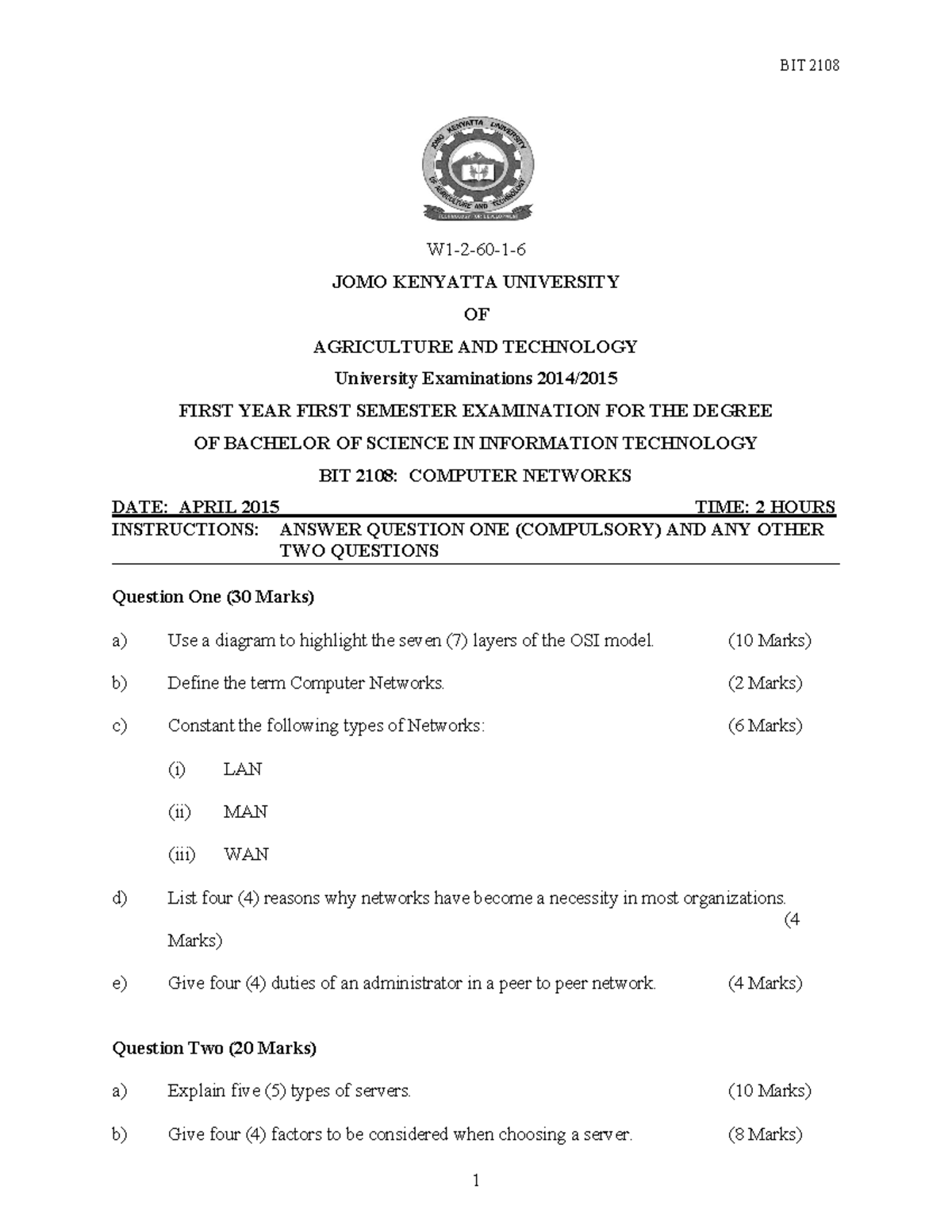 BIT 2108 Computer Networks - BIT 2108 W1-2-60-1- JOMO KENYATTA ...