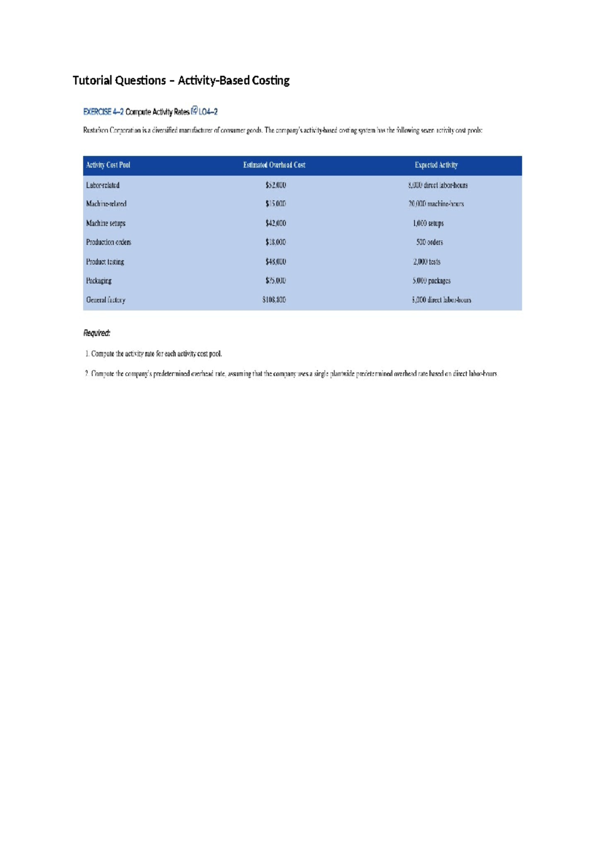 ACtivity-Based Costing Tutorial Questions - Tutorial Questions Costing ...