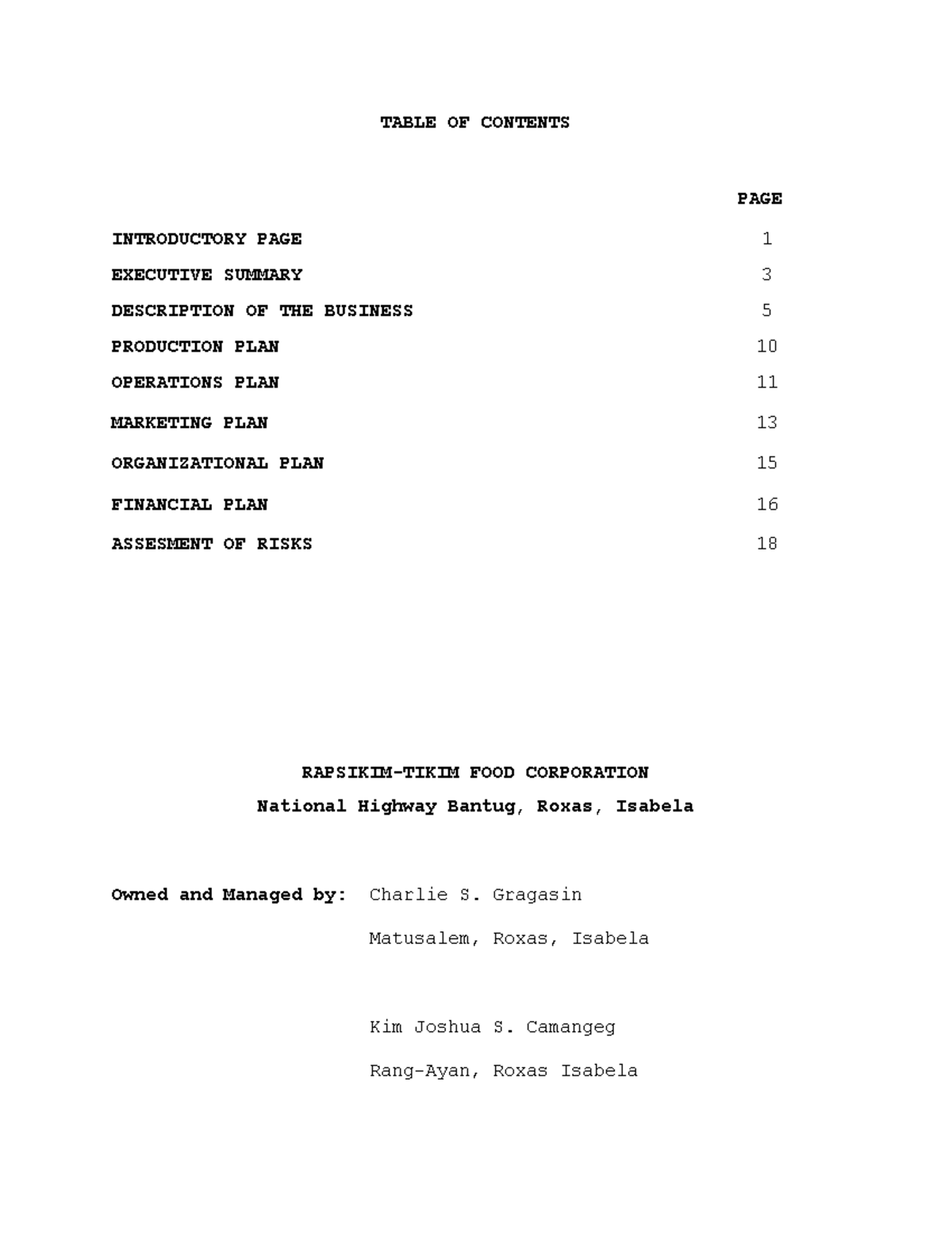 0 Table OF Contents - TABLE OF CONTENTS PAGE INTRODUCTORY PAGE 1 ...