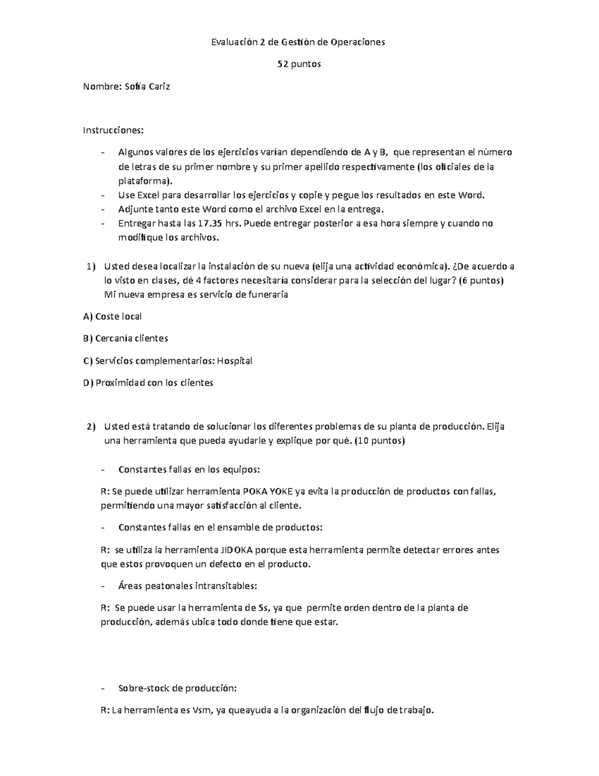 Evaluación 2 de Gestión de Operaciones 1 - Evaluación 2 de Gestión de Operaciones 52 puntos ...