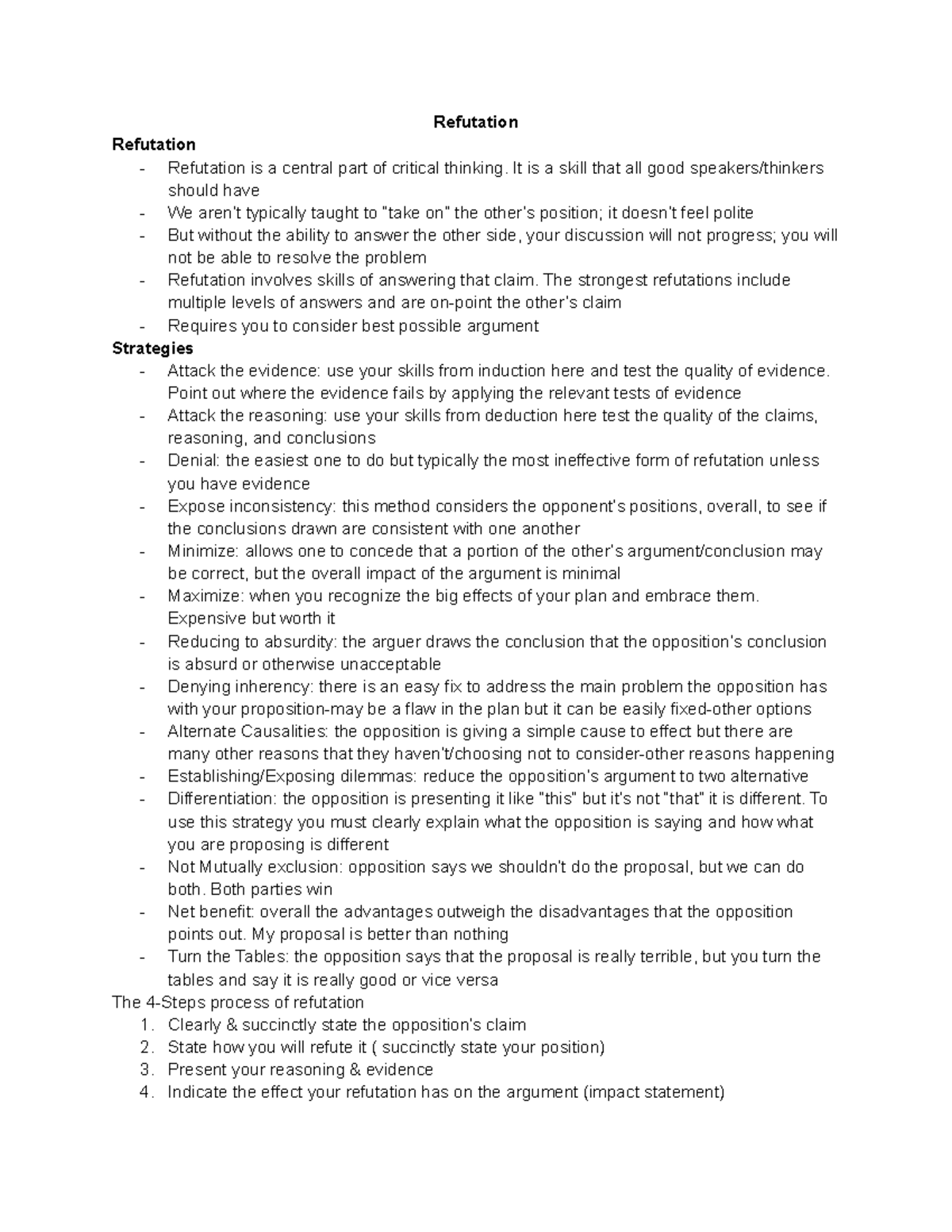 COMM 1101 Refutation Notes - Refutation Refutation Refutation is a ...