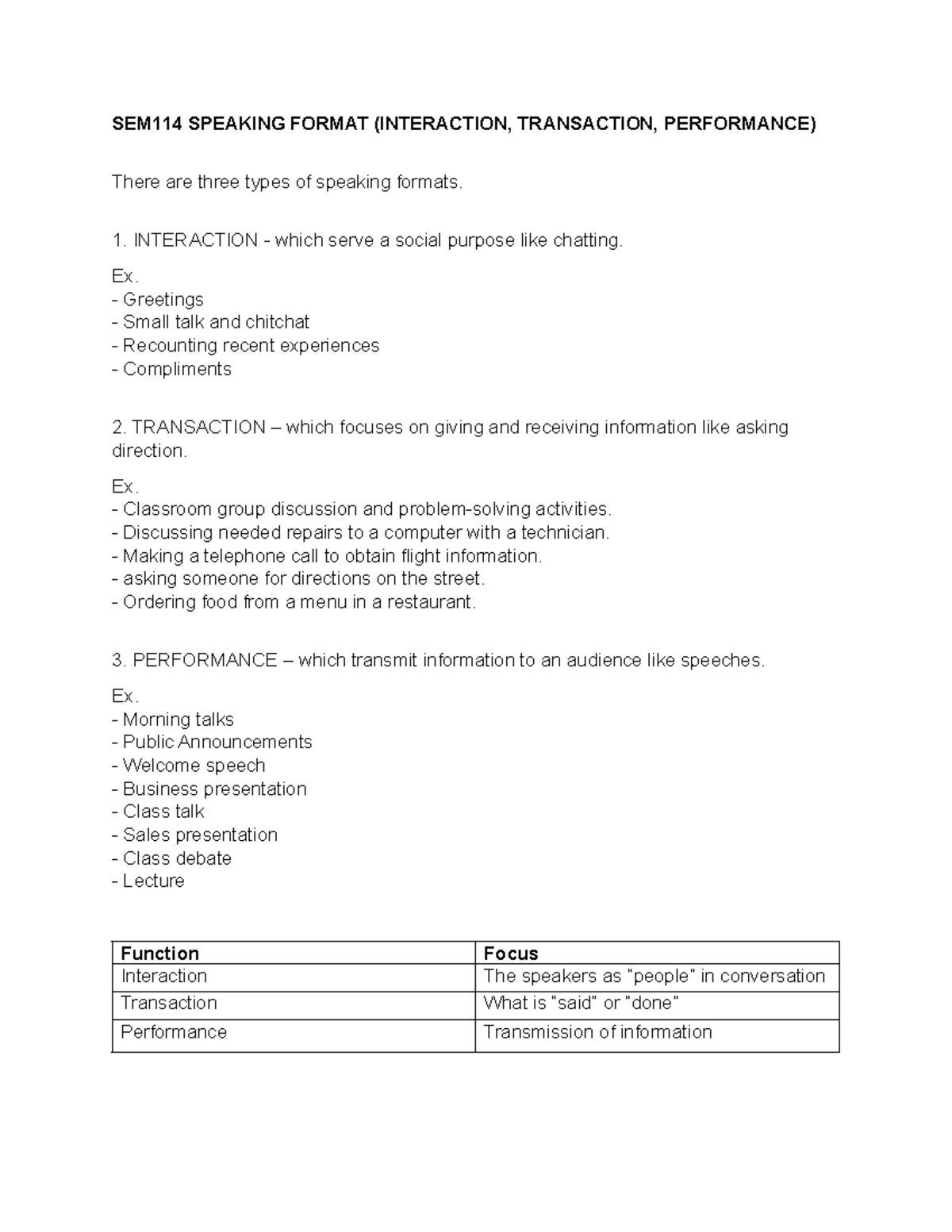 SEM114 Speaking Format - SEM114 SPEAKING FORMAT (INTERACTION, TRANSACTION, PERFORMANCE) There ...